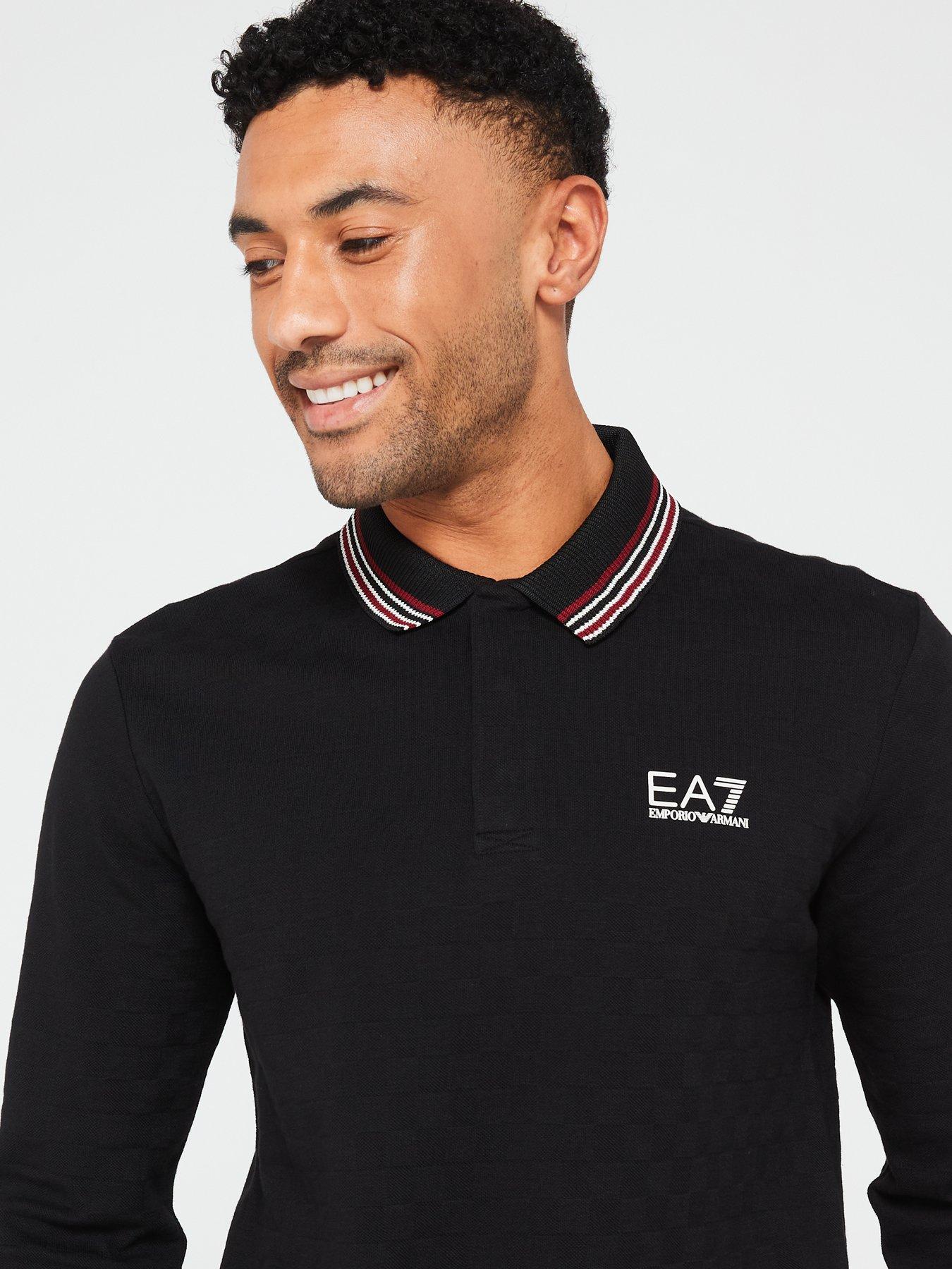 EA7 Emporio Armani Collar Trim Jacquard Long Sleeve Polo Shirt Black Very
