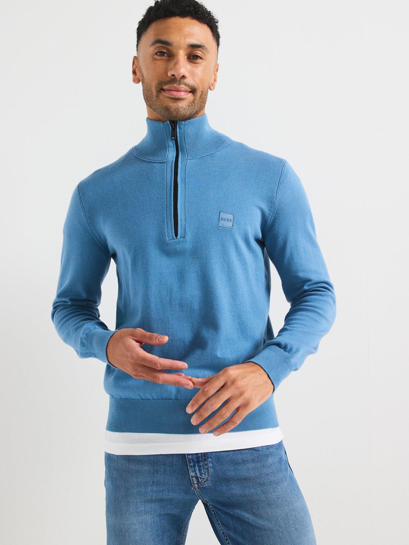 BOSS Kanobix S Regular Fit 1/4 Zip Knitted Jumper - Light Blue | Very