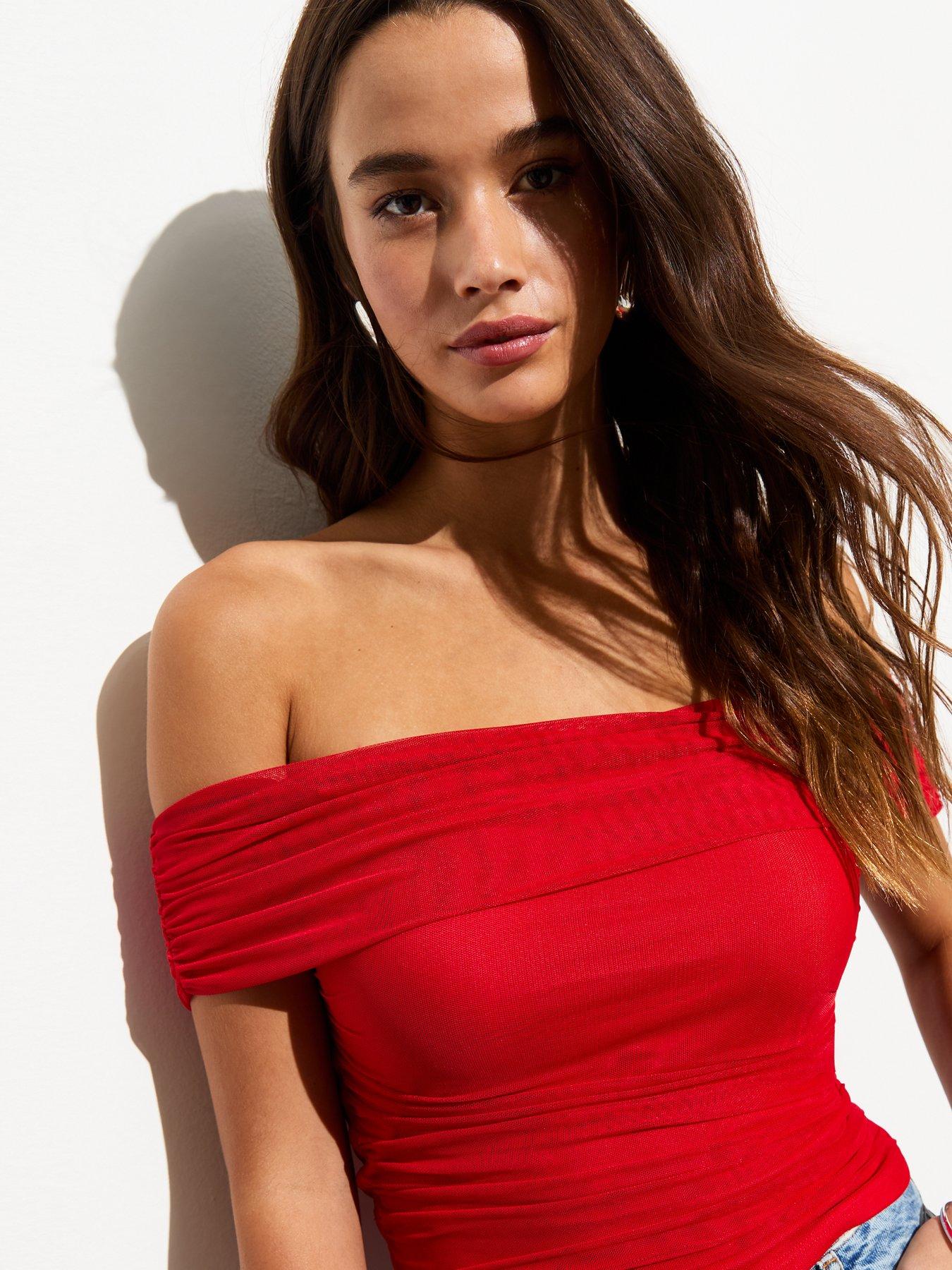 New Look Red Mesh Short Sleeve Bardot Top | Very