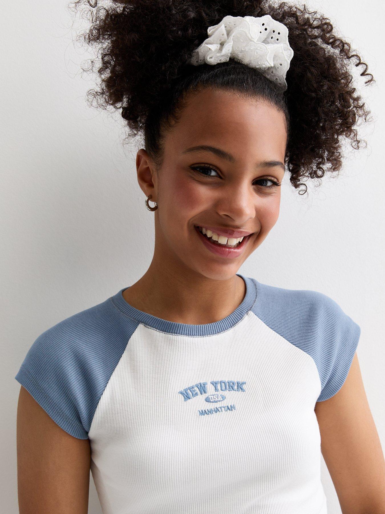 New Look 915 Girls Blue Embroidered New York Slogan Cap Sleeve T-shirt ...