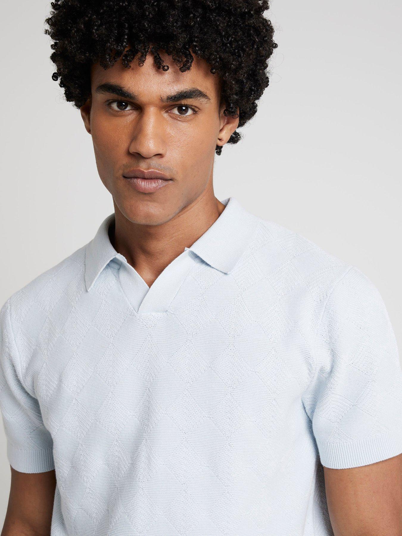 River Island Short Sleeve Diamond Stitch Open Collar Polo Shirt - Light ...