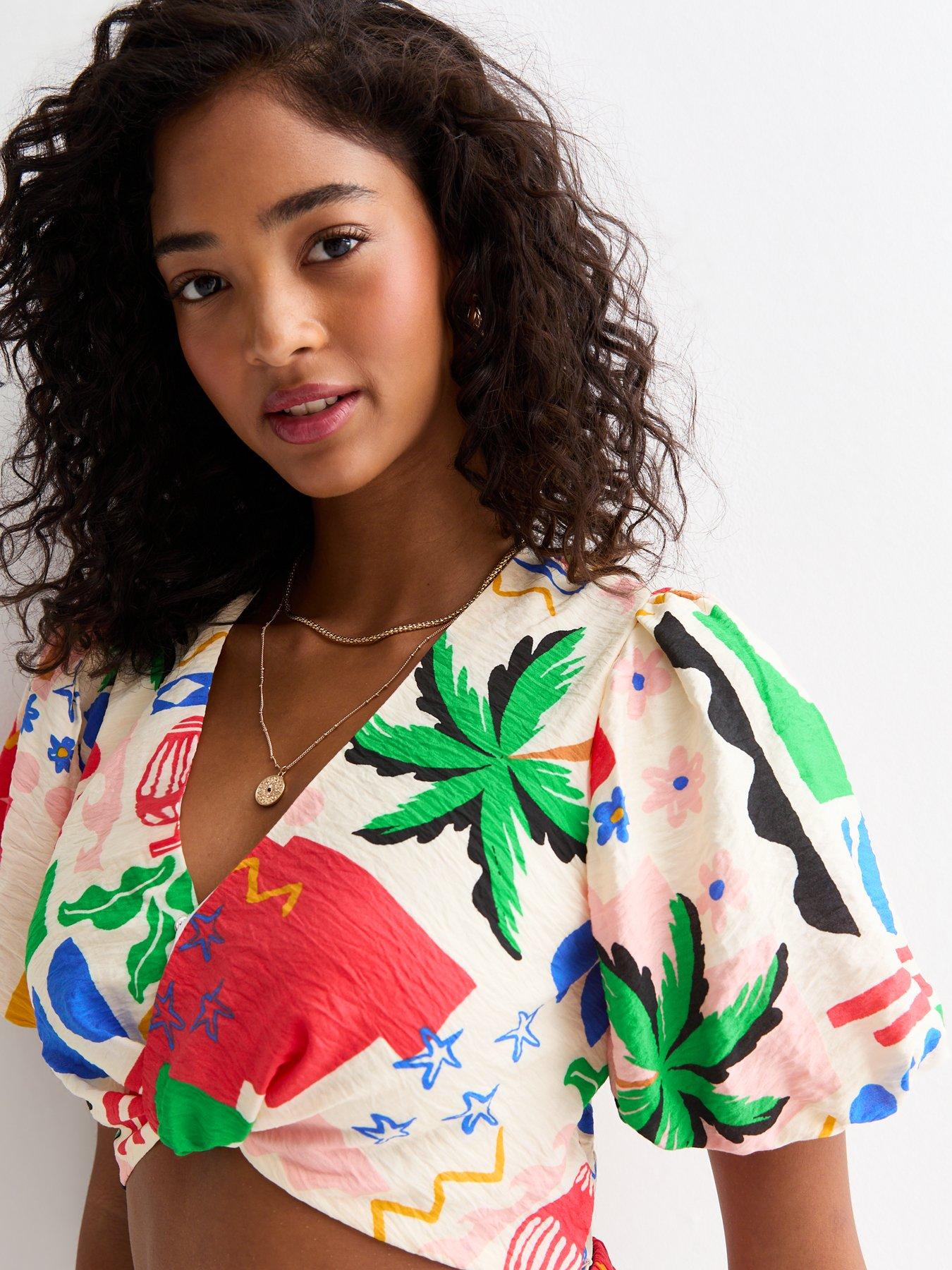 New Look White Palm Print Wrap Front Crop Top | Very