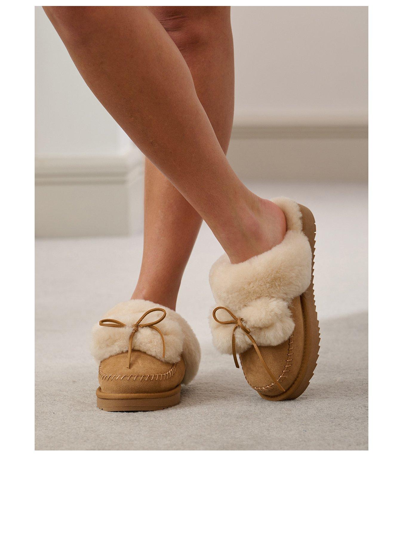 Loungeable Boxed Cosy Real Sheepskin Mule Slippers With Fur Poms - Tan ...