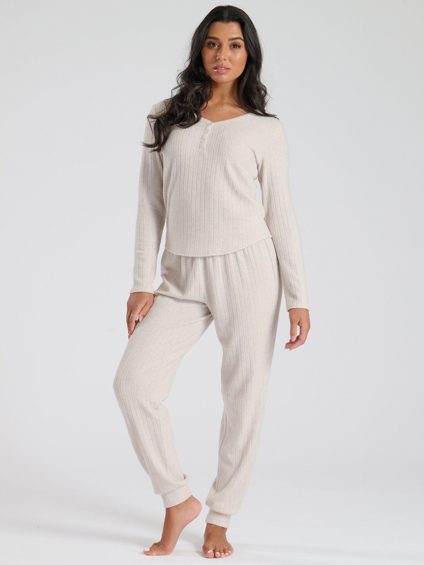 Loungeable Brushed Rib Henley Top - Oatmeal | Very