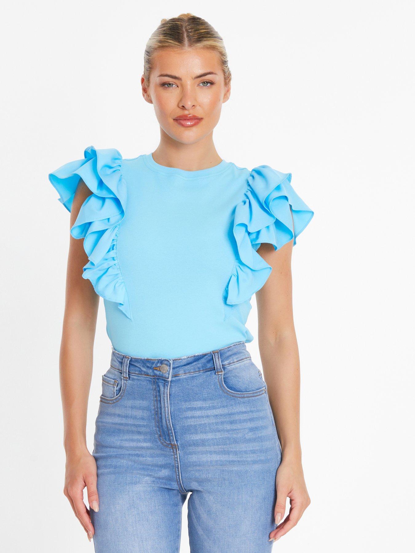 Quiz Turquoise Double Frill Sleeve Top | Very