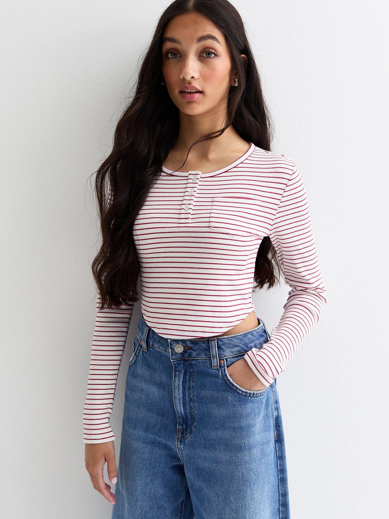 New Look 915 Girls Long Sleeve Ribbed Button Detail Top - Red Stripe | Very