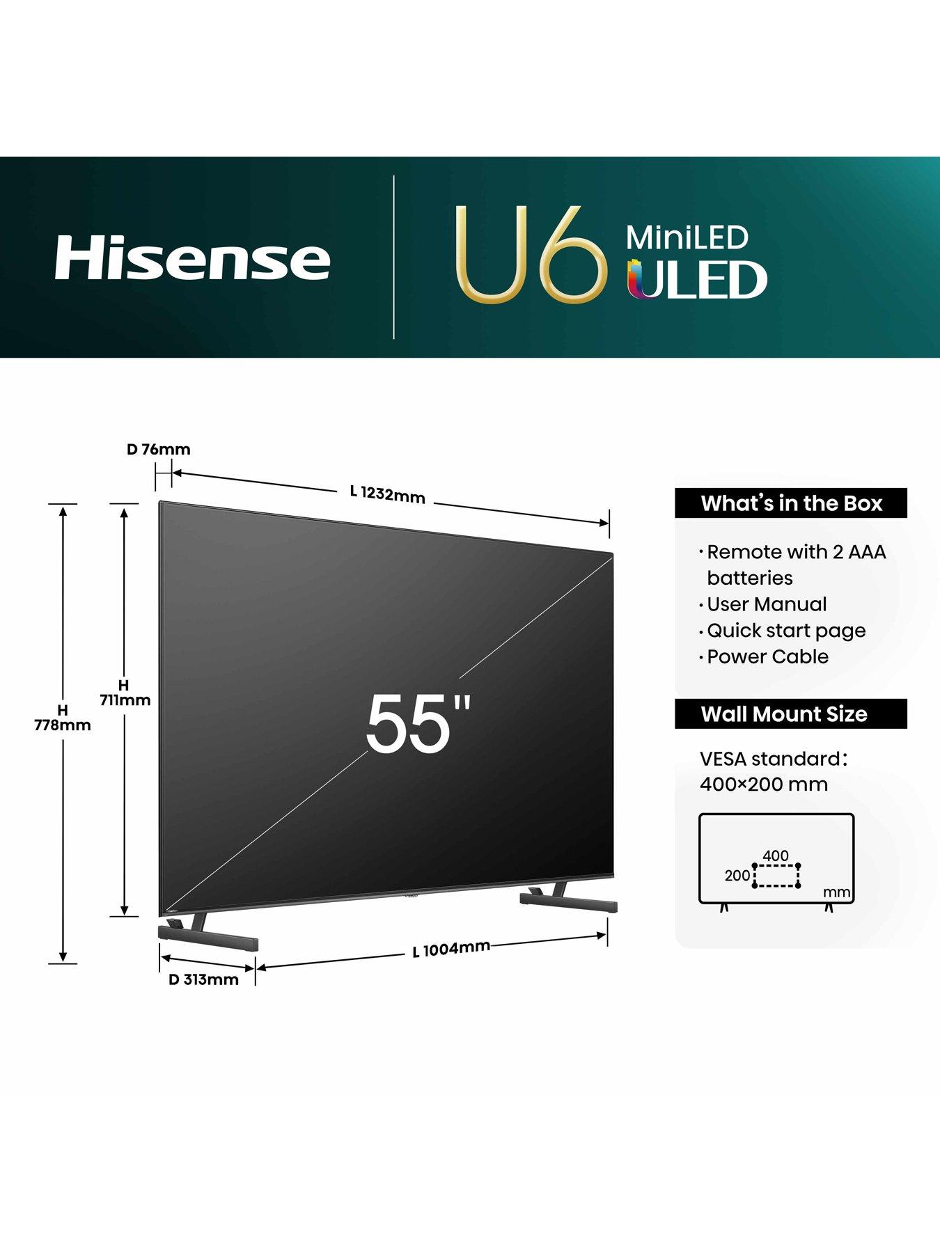 Hisense U6N 55" 4K UltraHD MiniLED Smart TV with Freely - 55U6NQTUK | Very