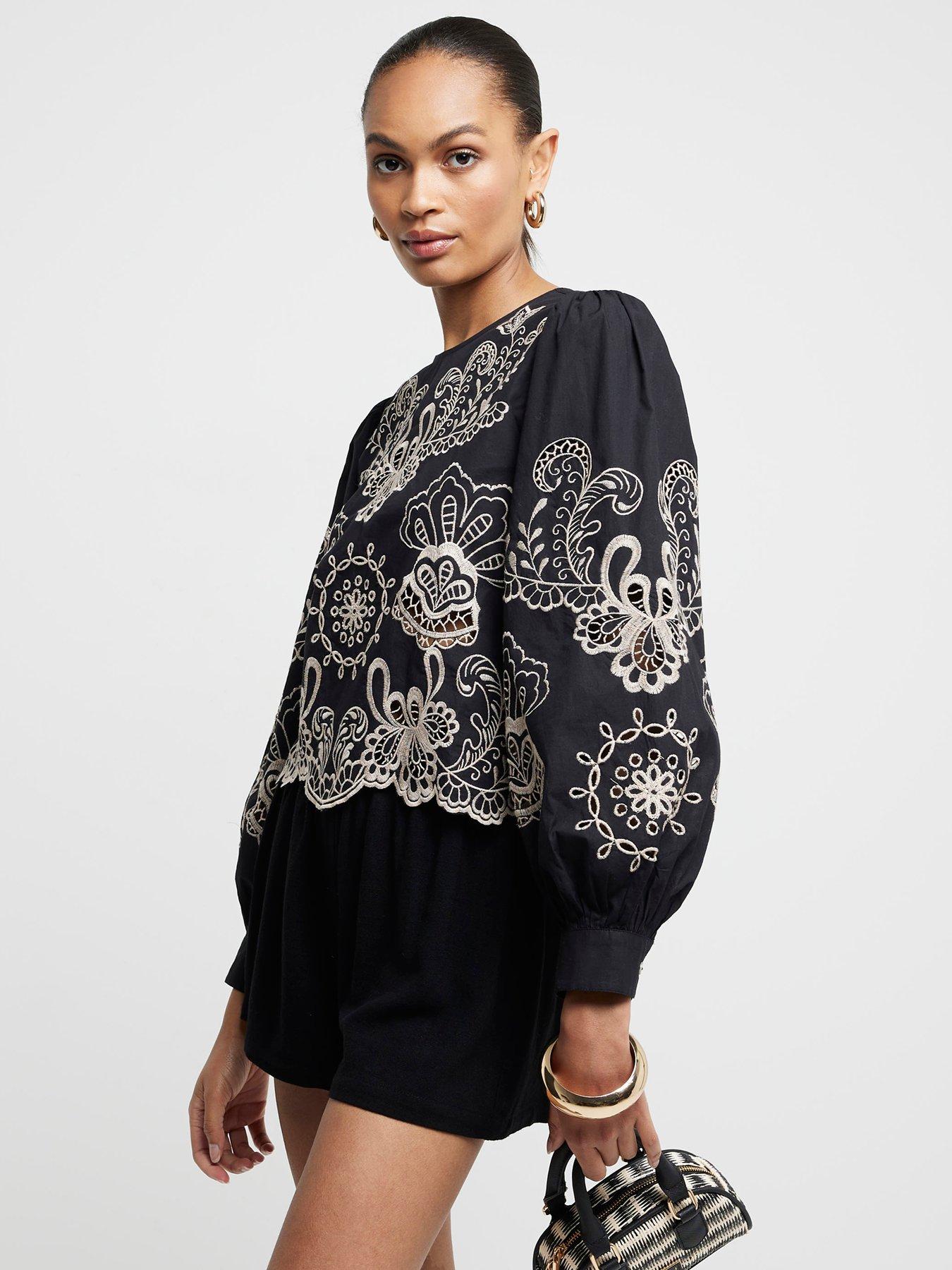 River Island Floral Cutwork Top Black Very