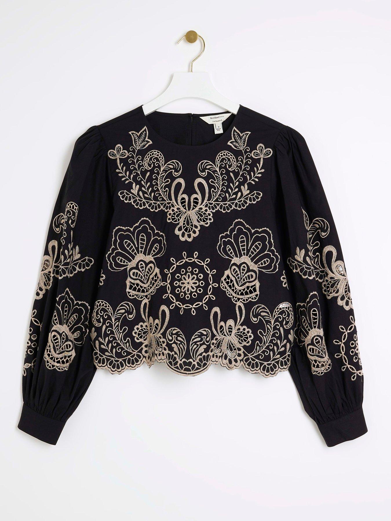 River Island Floral Cutwork Top Black Very