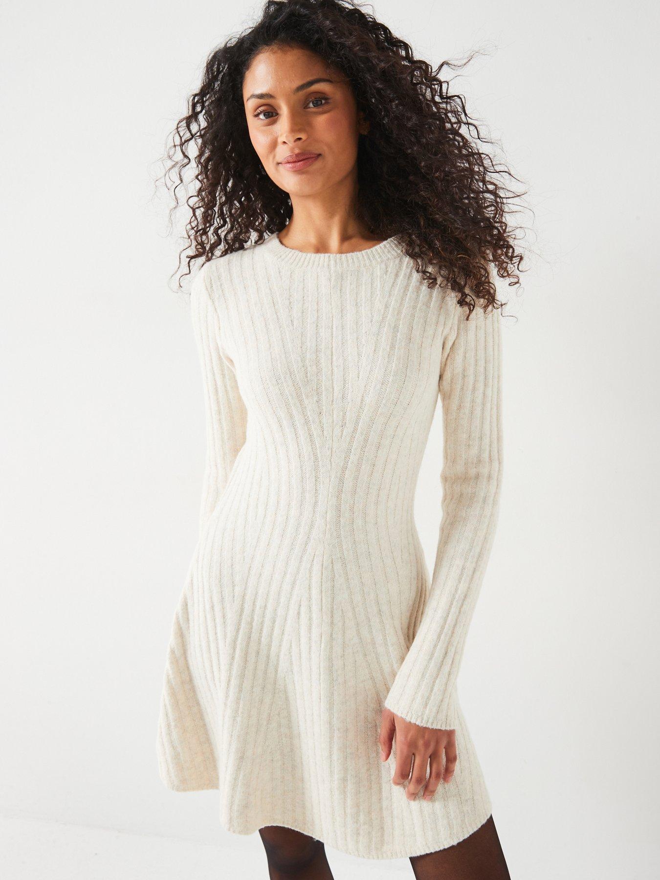 V by Very Crew Neck Fit & Flare Mini Dress - Natural | Very