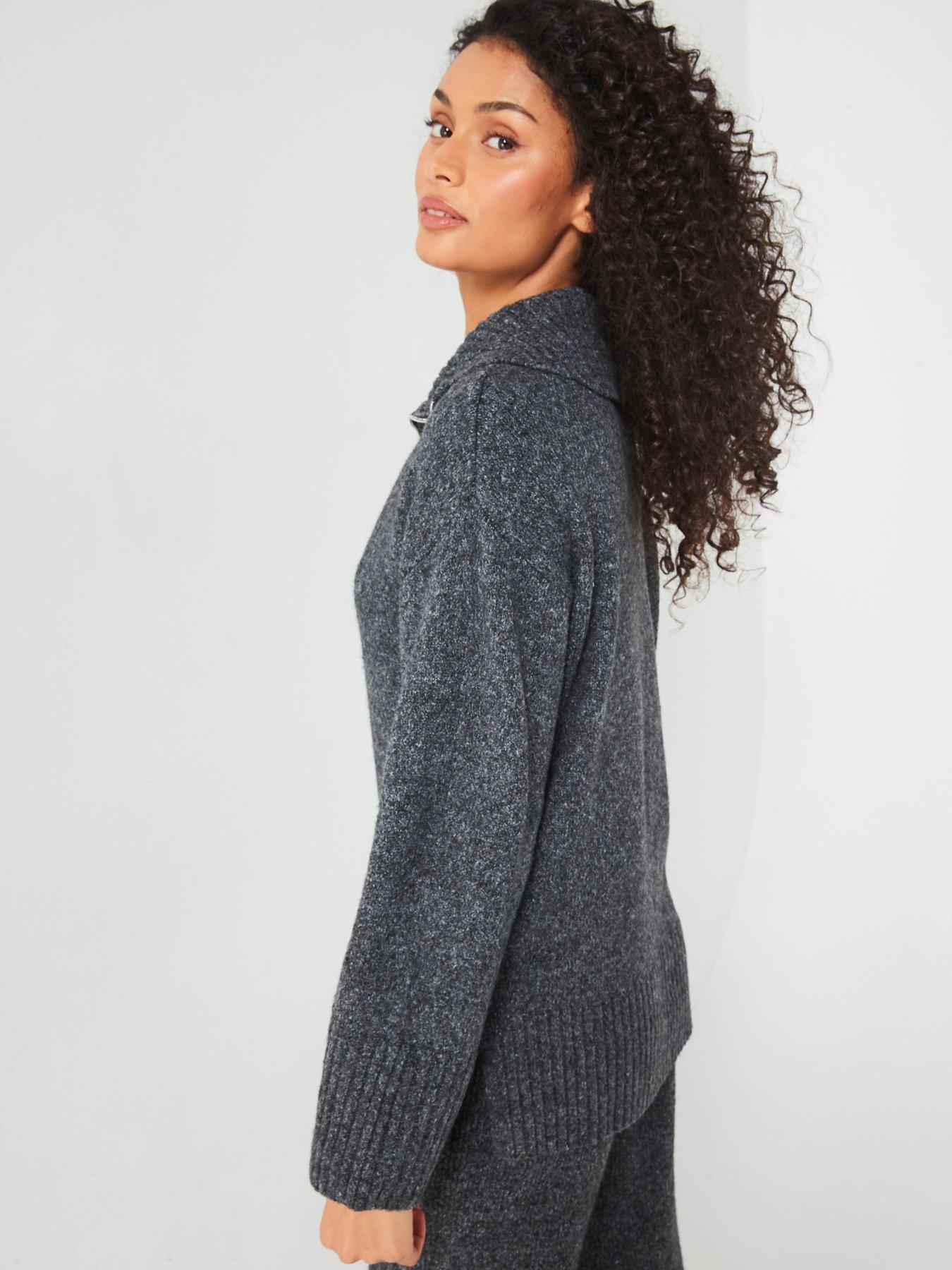 V by Very Quarter Zip Longline Knitted Jumper Coord - Grey | Very