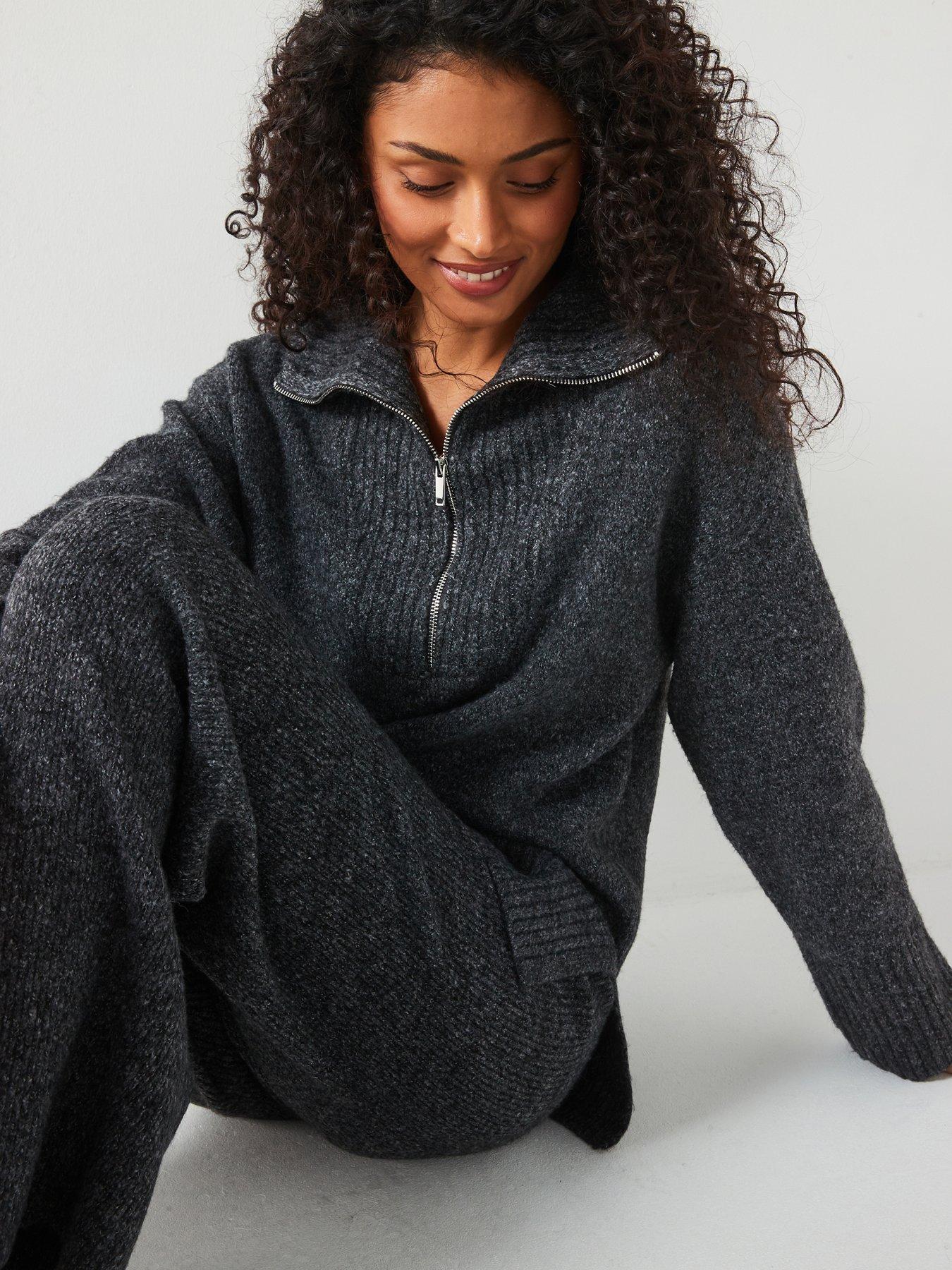 V by Very Quarter Zip Longline Knitted Jumper Coord - Grey | Very