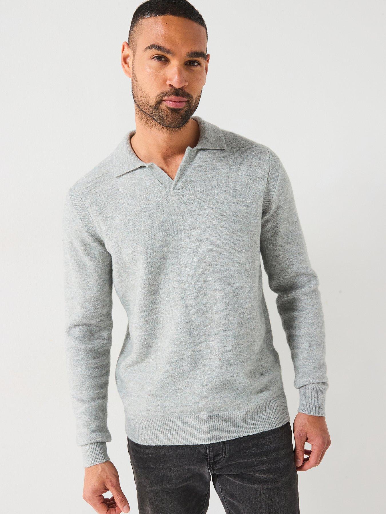 ONLY & SONS Long Sleeve Open Collar Knitted Polo Shirt - Grey | Very