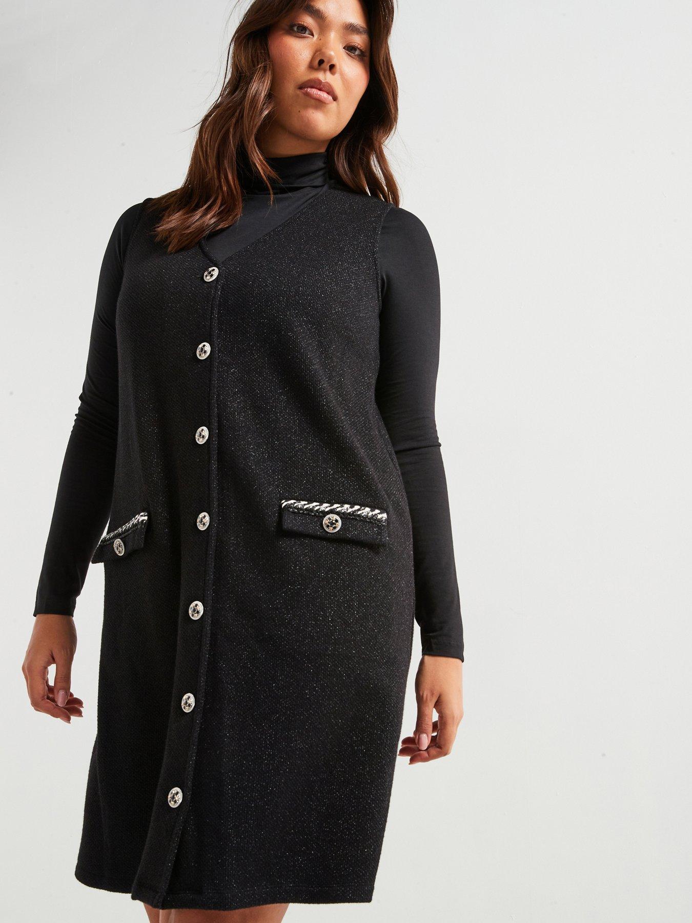 V by Very Curve Button Detail Pinafore Dress - Black | Very