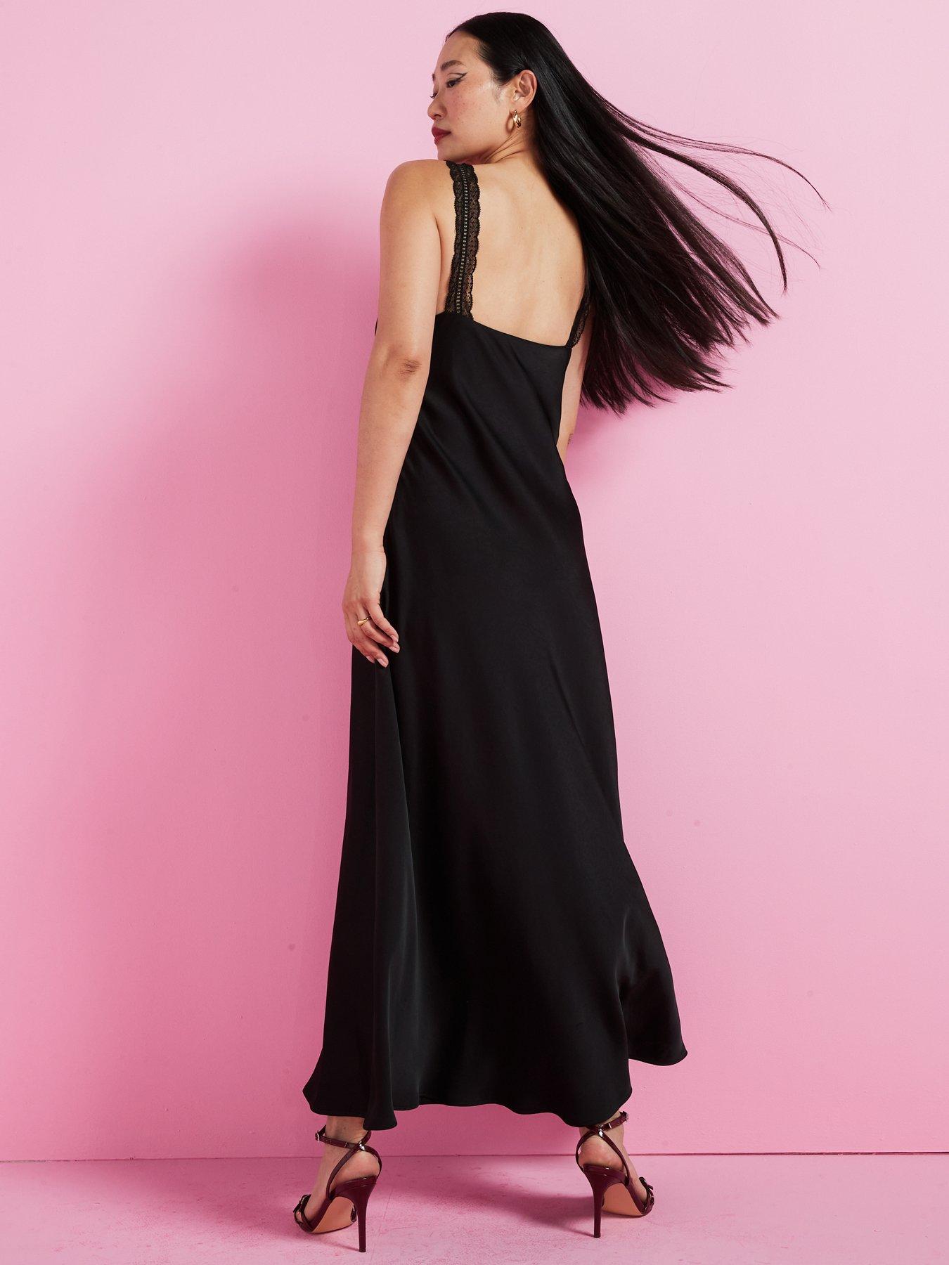 V by Very Lace Trim Satin Cami Maxi Dress - Black | Very