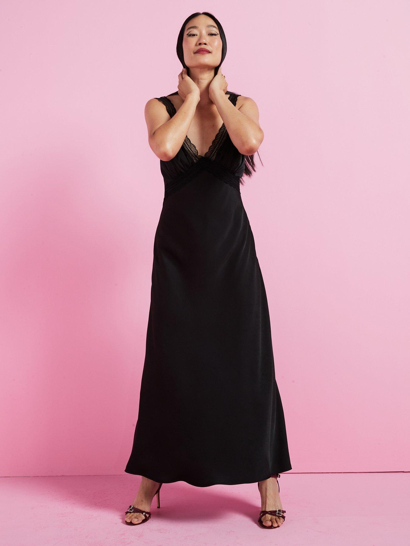 V by Very Lace Trim Satin Cami Maxi Dress - Black | Very