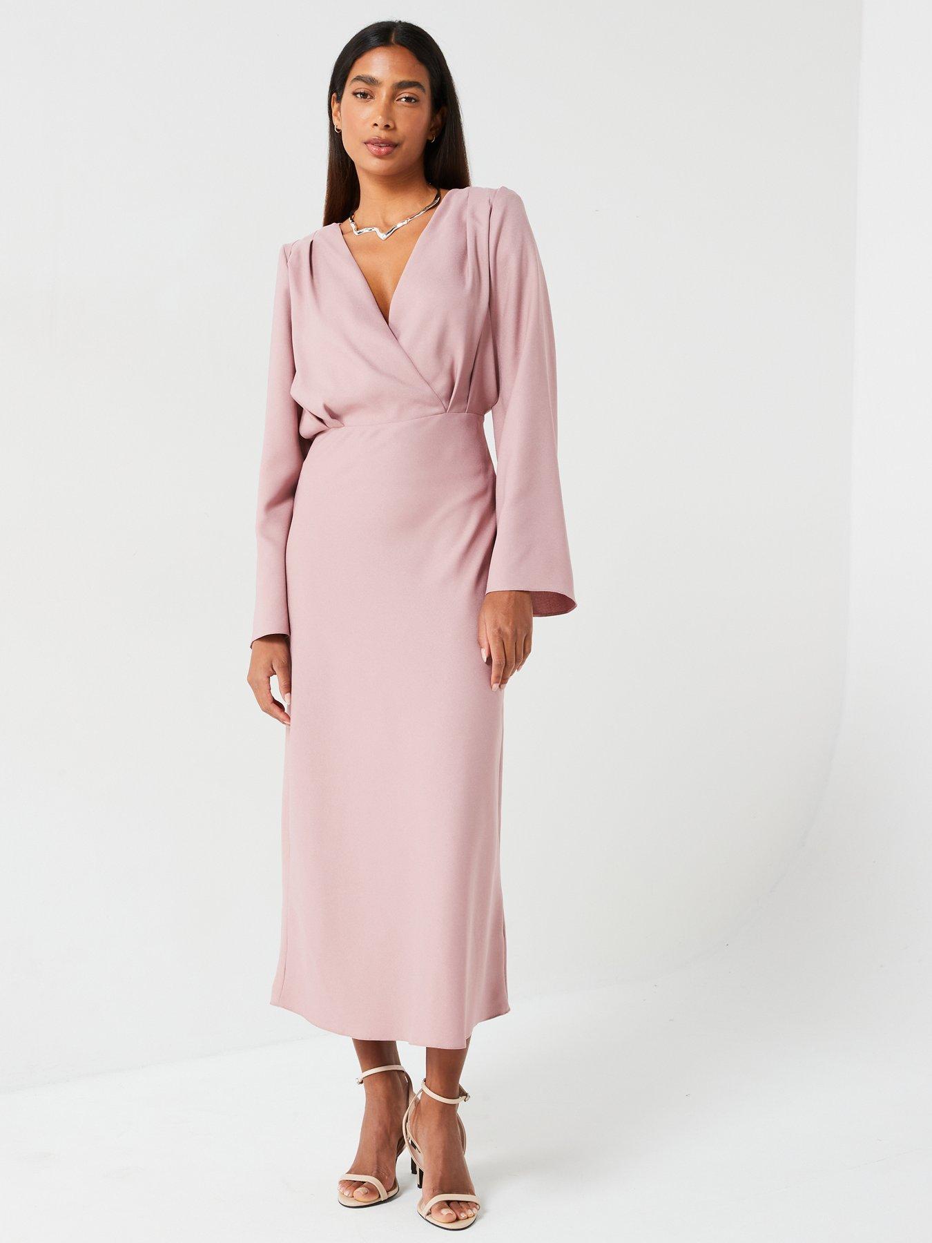 V by Very Fluted Sleeve Column Midi Dress - Pink | Very