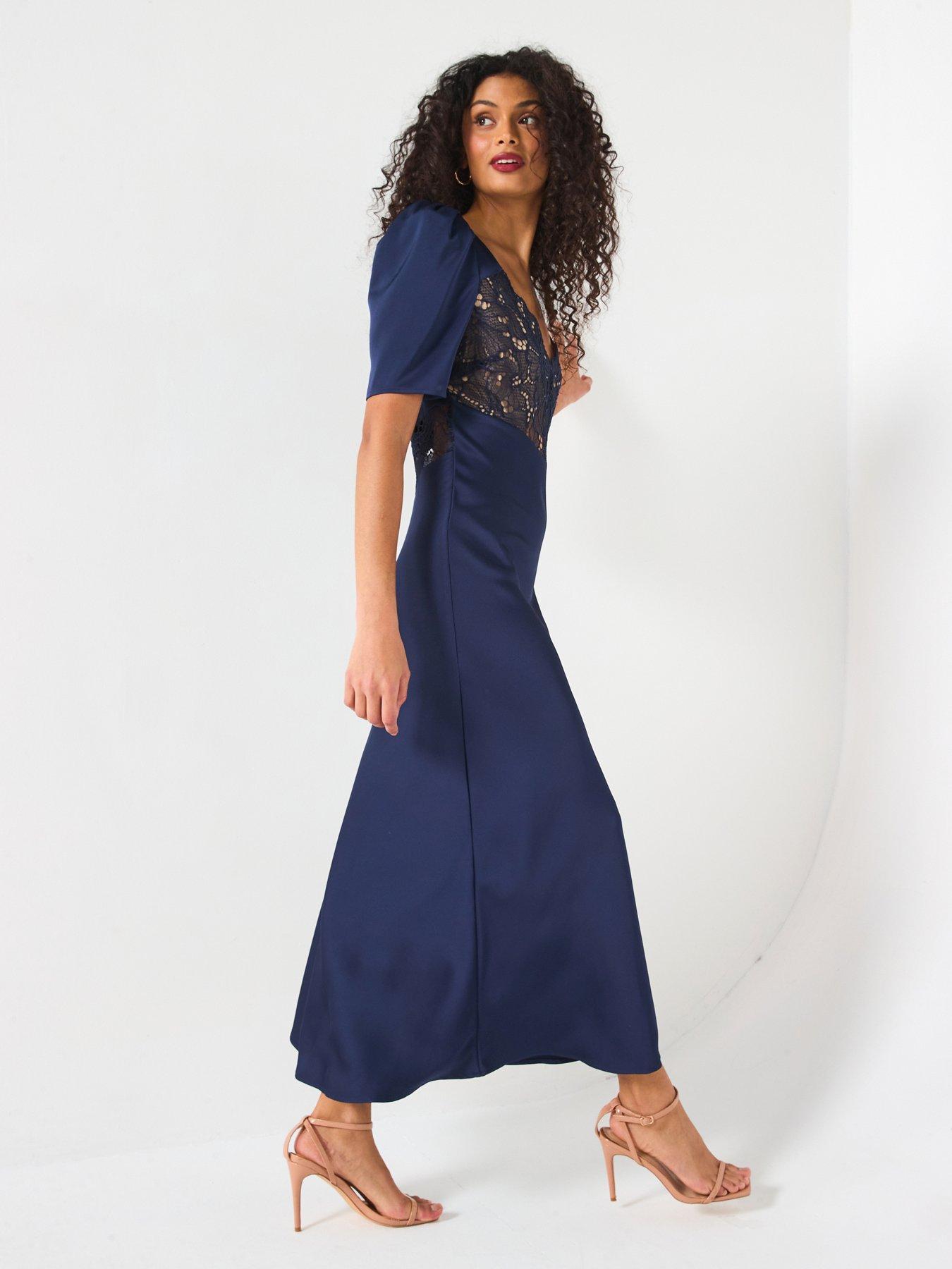 V by Very Lace Corset Satin Midaxi Dress - Navy | Very