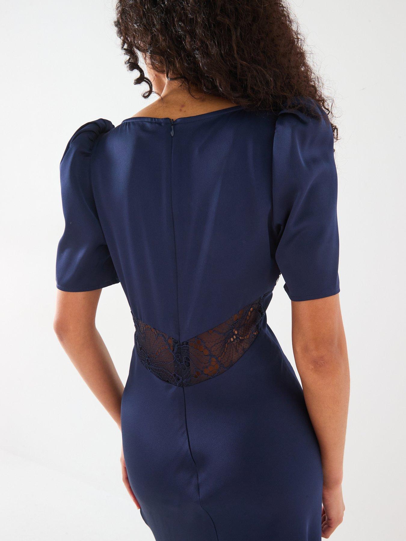 V by Very Lace Corset Satin Midaxi Dress - Navy | Very