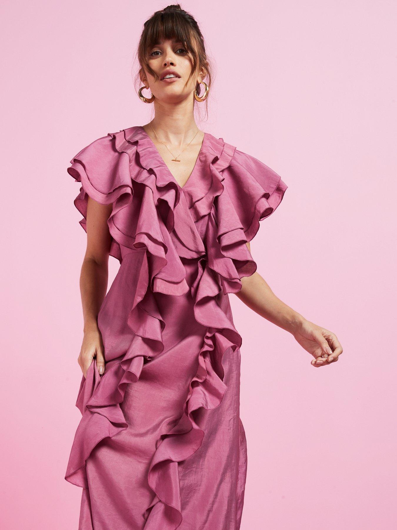 V by Very Soft Ruffle V Neck Midaxi Dress - Pink | Very