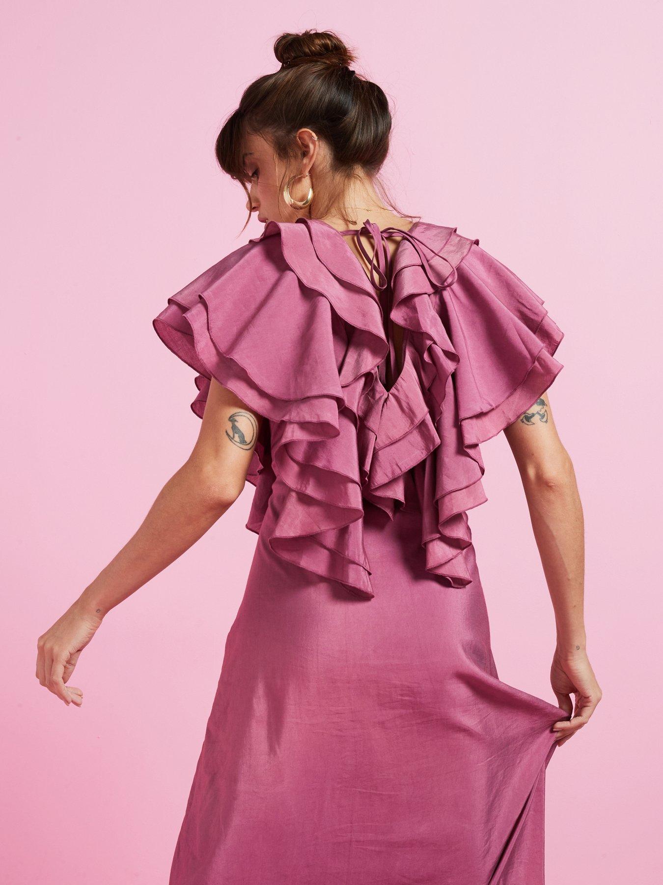 V by Very Soft Ruffle V Neck Midaxi Dress - Pink | Very