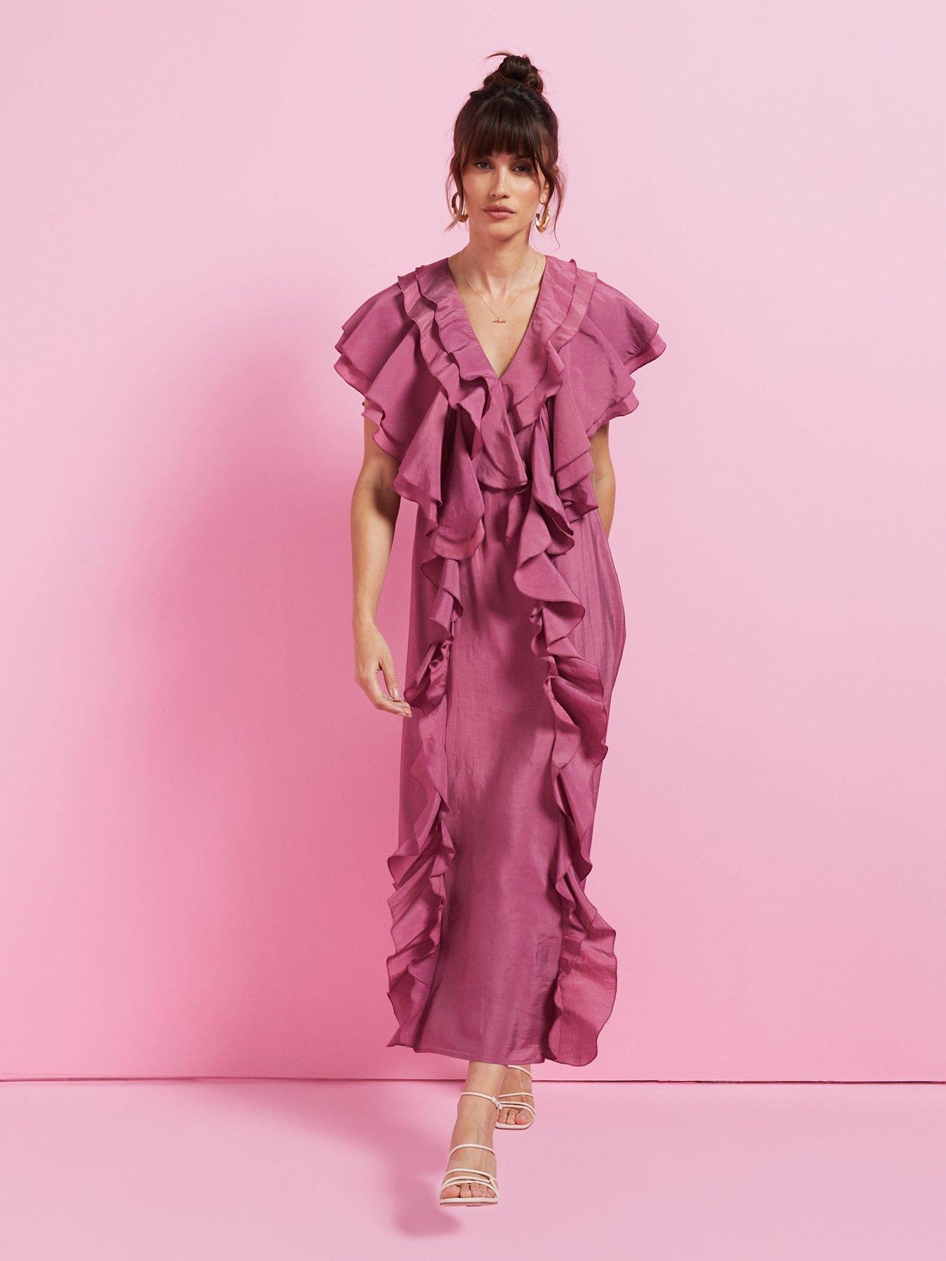 V by Very Soft Ruffle V Neck Midaxi Dress - Pink | Very