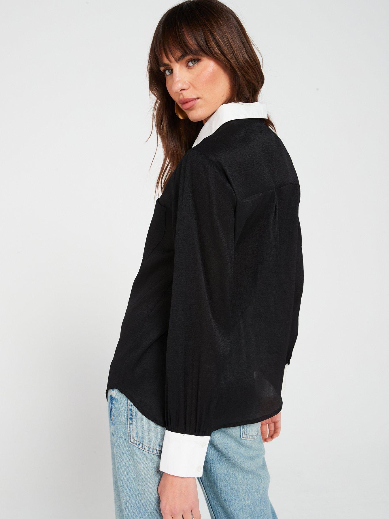 V by Very Contrast Cuff Shirt - Black | Very