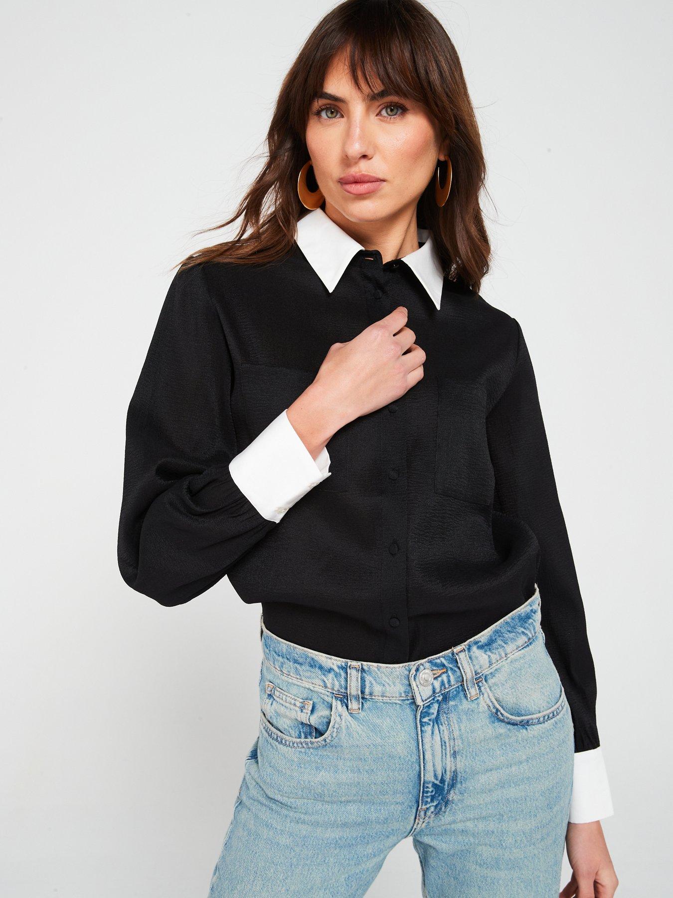 V by Very Contrast Cuff Shirt - Black | Very