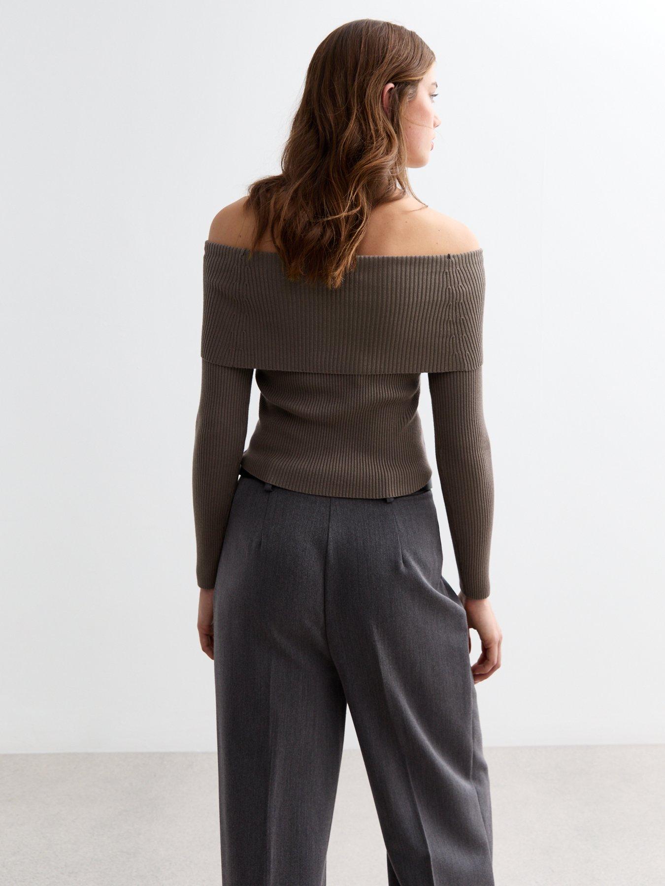 New Look Rib Knit Foldover Bardot Jumper - Brown | Very