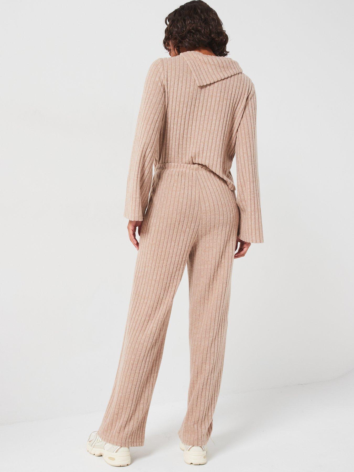 Vero Moda Ribbed High Waist Wide Leg Pant - Grey - Cream | Very