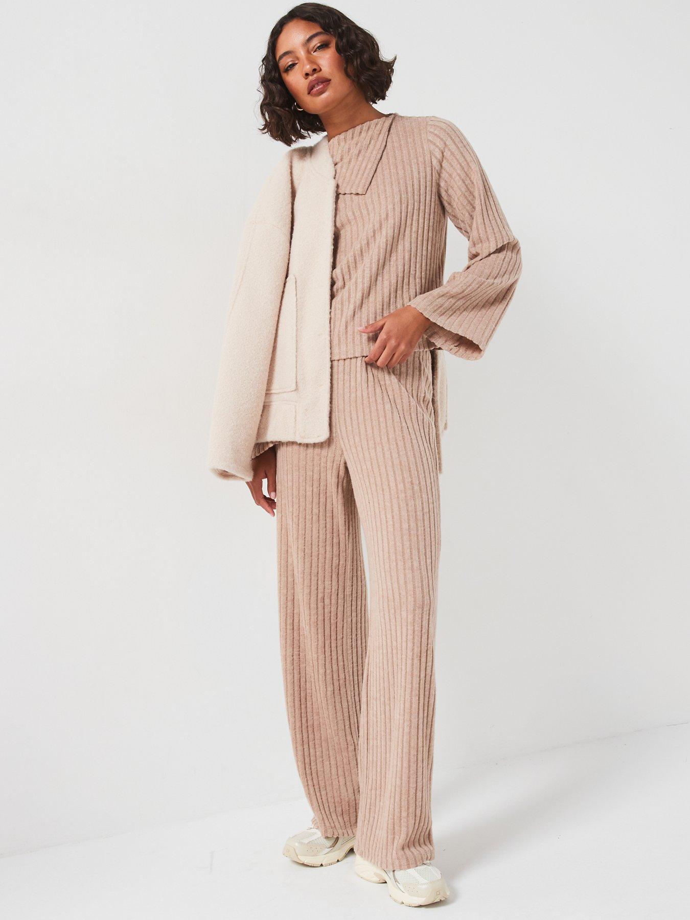 Vero Moda Ribbed High Waist Wide Leg Pant - Grey - Cream | Very