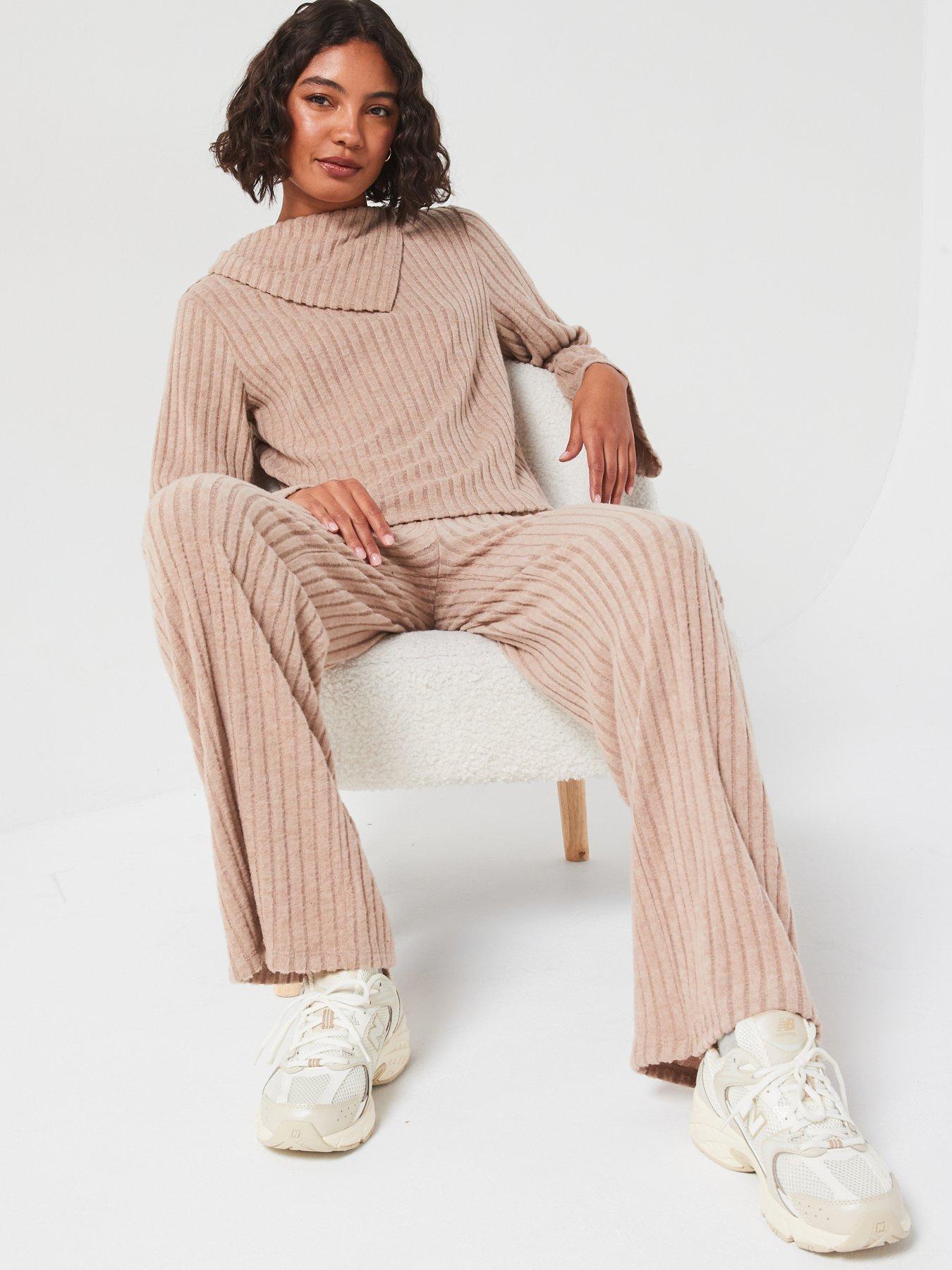 Vero Moda Ribbed High Waist Wide Leg Pant - Grey - Cream | Very