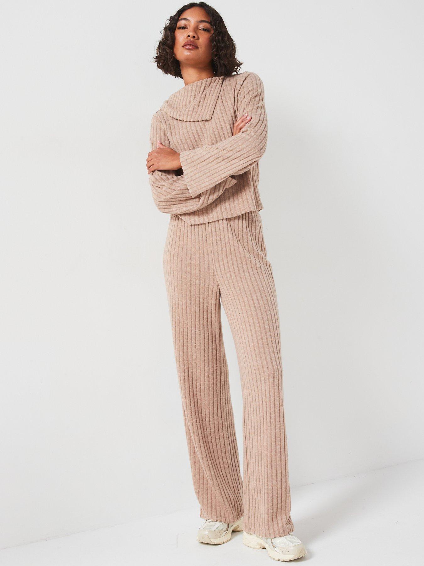 Vero Moda Ribbed High Waist Wide Leg Pant - Grey - Cream | Very