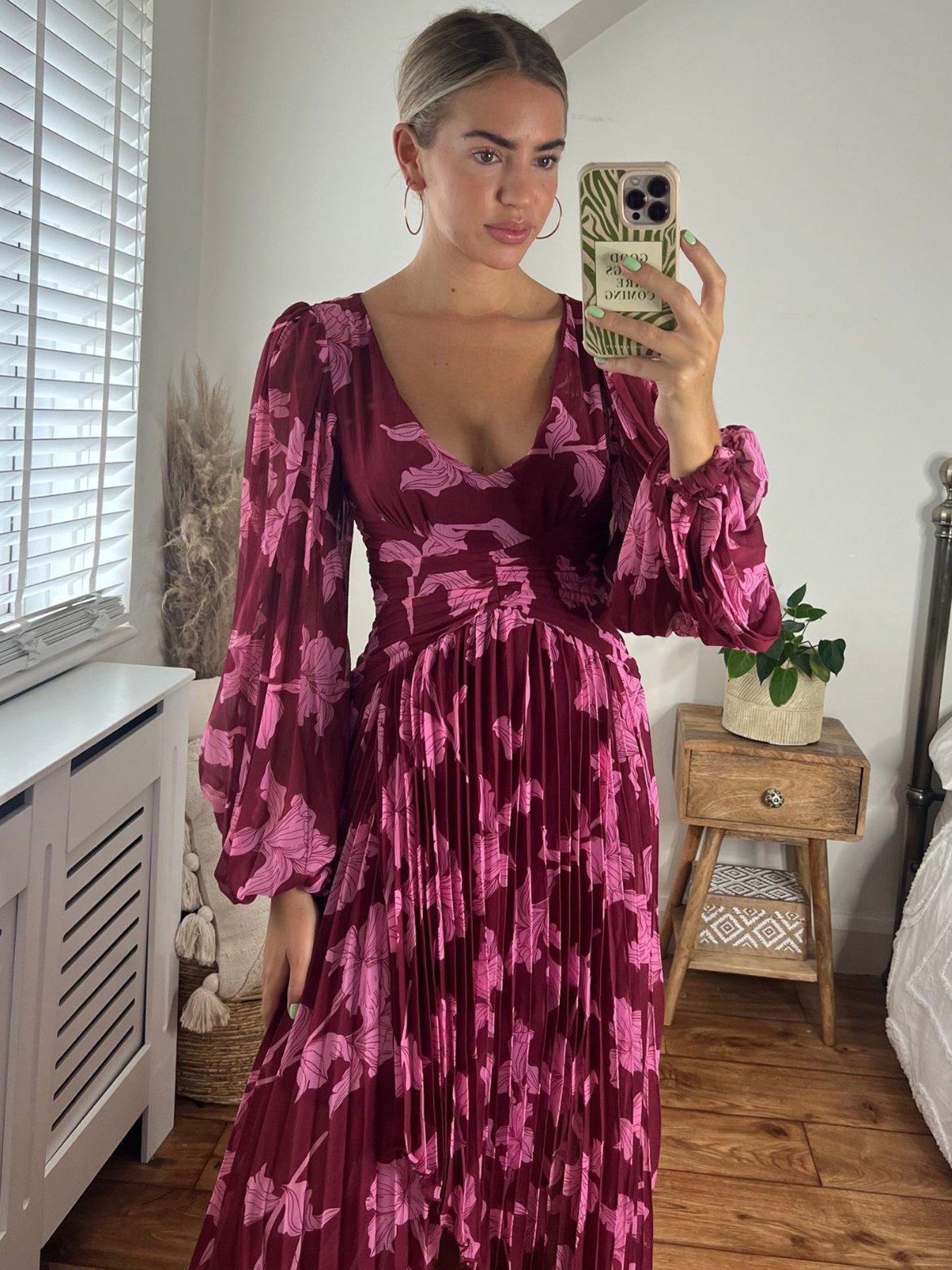 Style Cheat Toni Long Sleeve Pleated Maxi Dress - Mulberry Print | Very