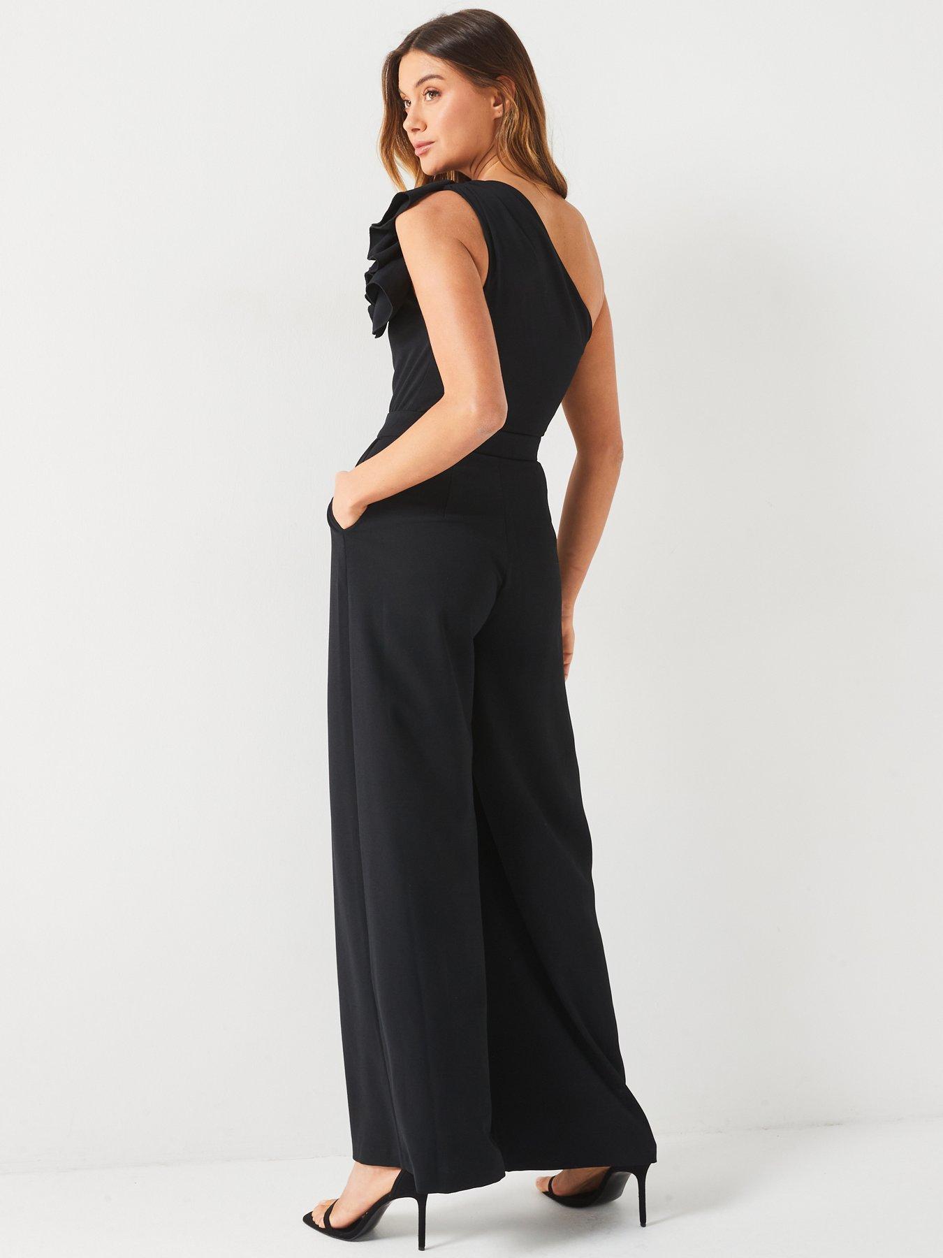 V by Very One Shoulder Ruffle Jumpsuit - Black | Very