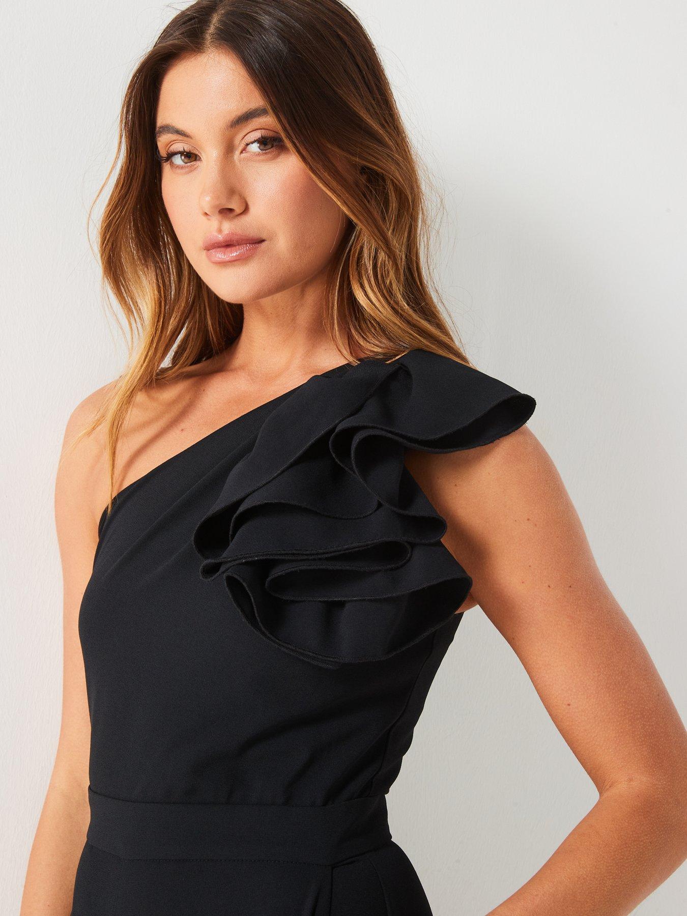 V by Very One Shoulder Ruffle Jumpsuit - Black | Very