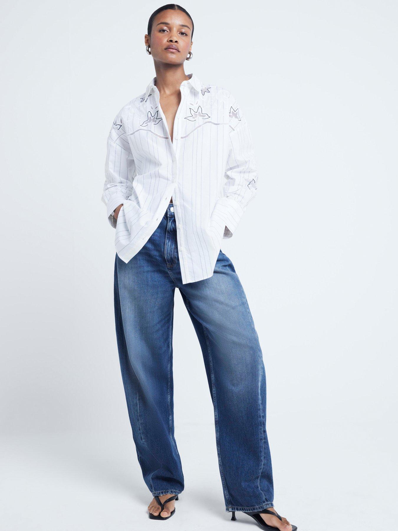 River Island Cutwork Stripe Shirt Cream Uk