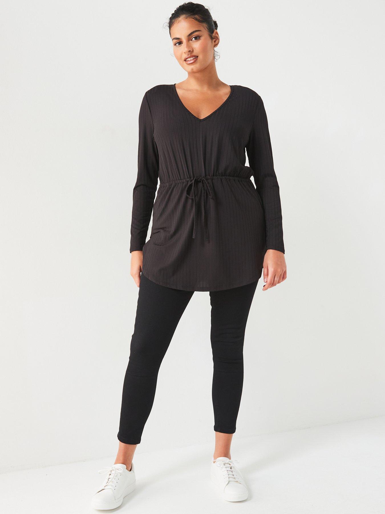 V by Very Curve Longline Drawstring Waist Top - Black | Very