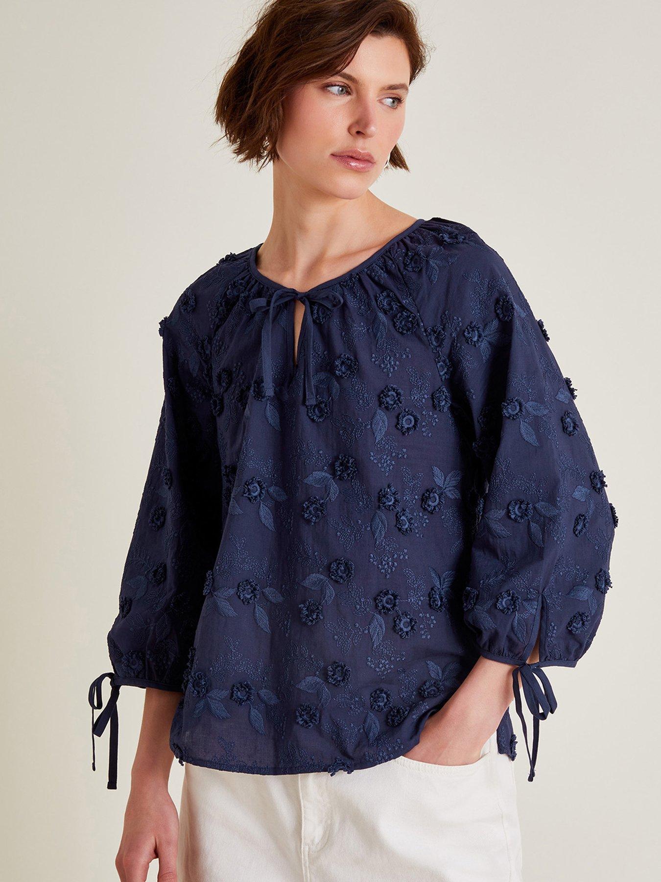 Monsoon Floral Embroidered Top - Navy | Very