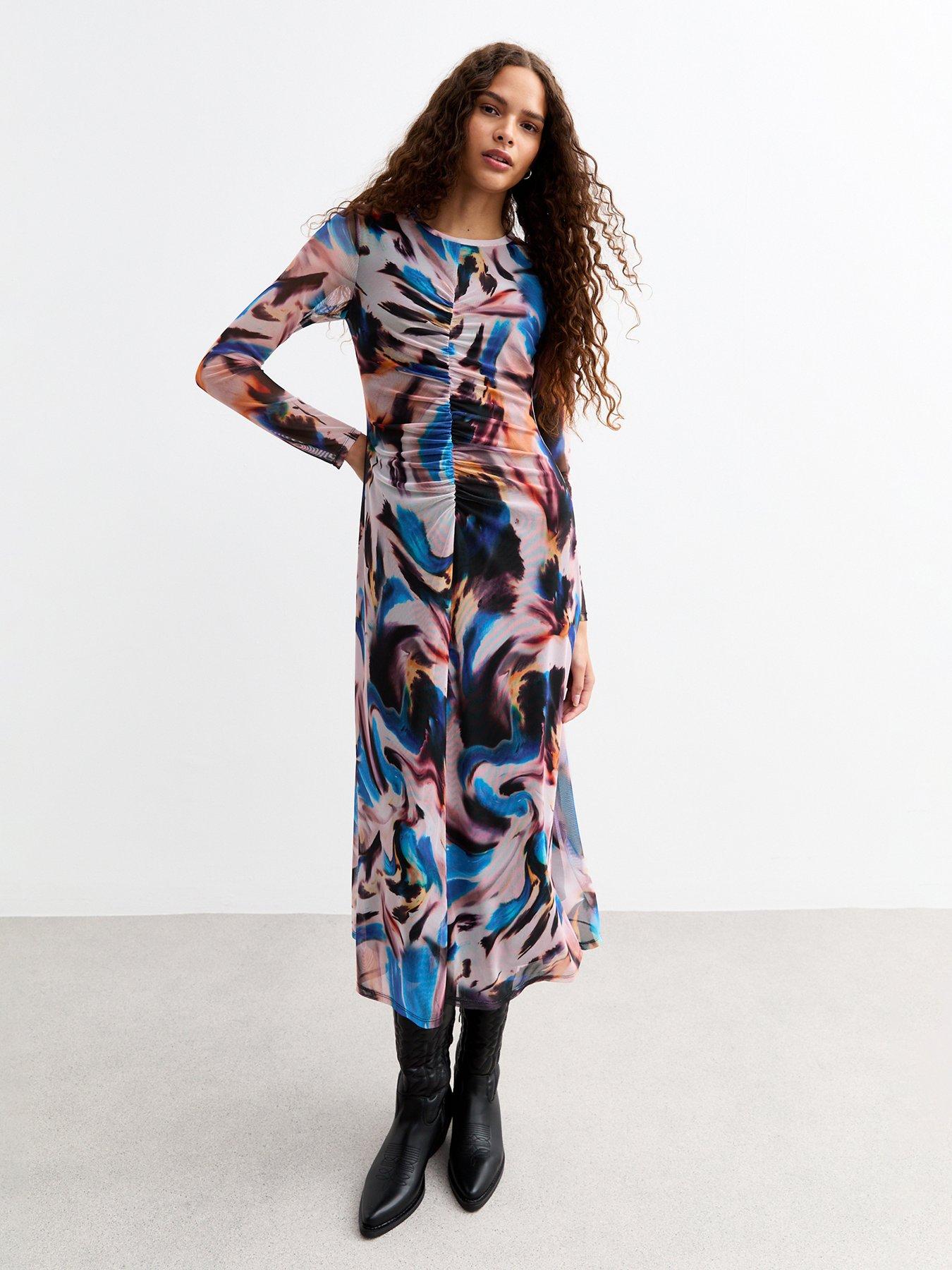New Look Coloured Ruched Long Sleeve Mesh Midi Dress - Multi | Very