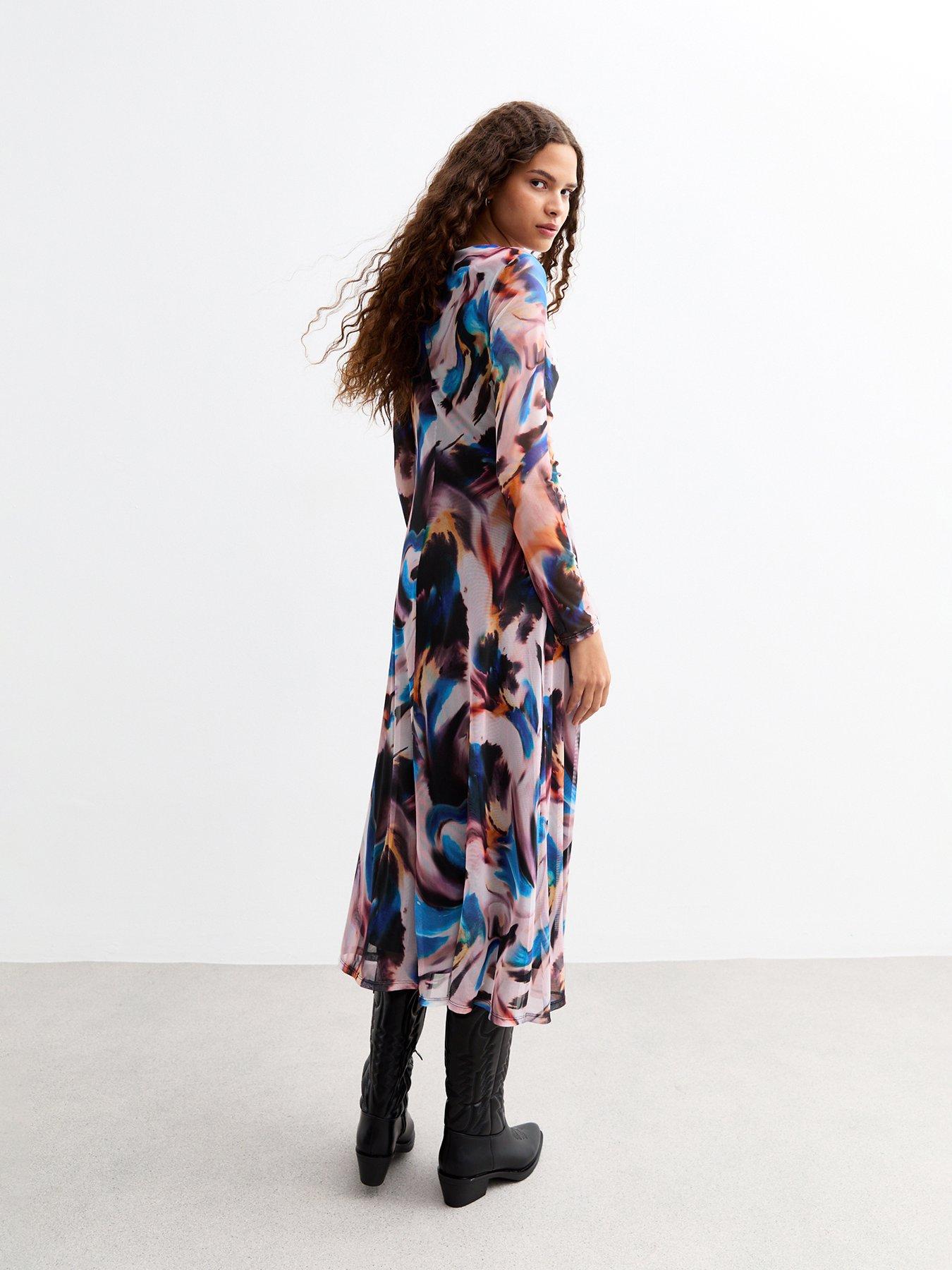 New Look Coloured Ruched Long Sleeve Mesh Midi Dress - Multi | Very