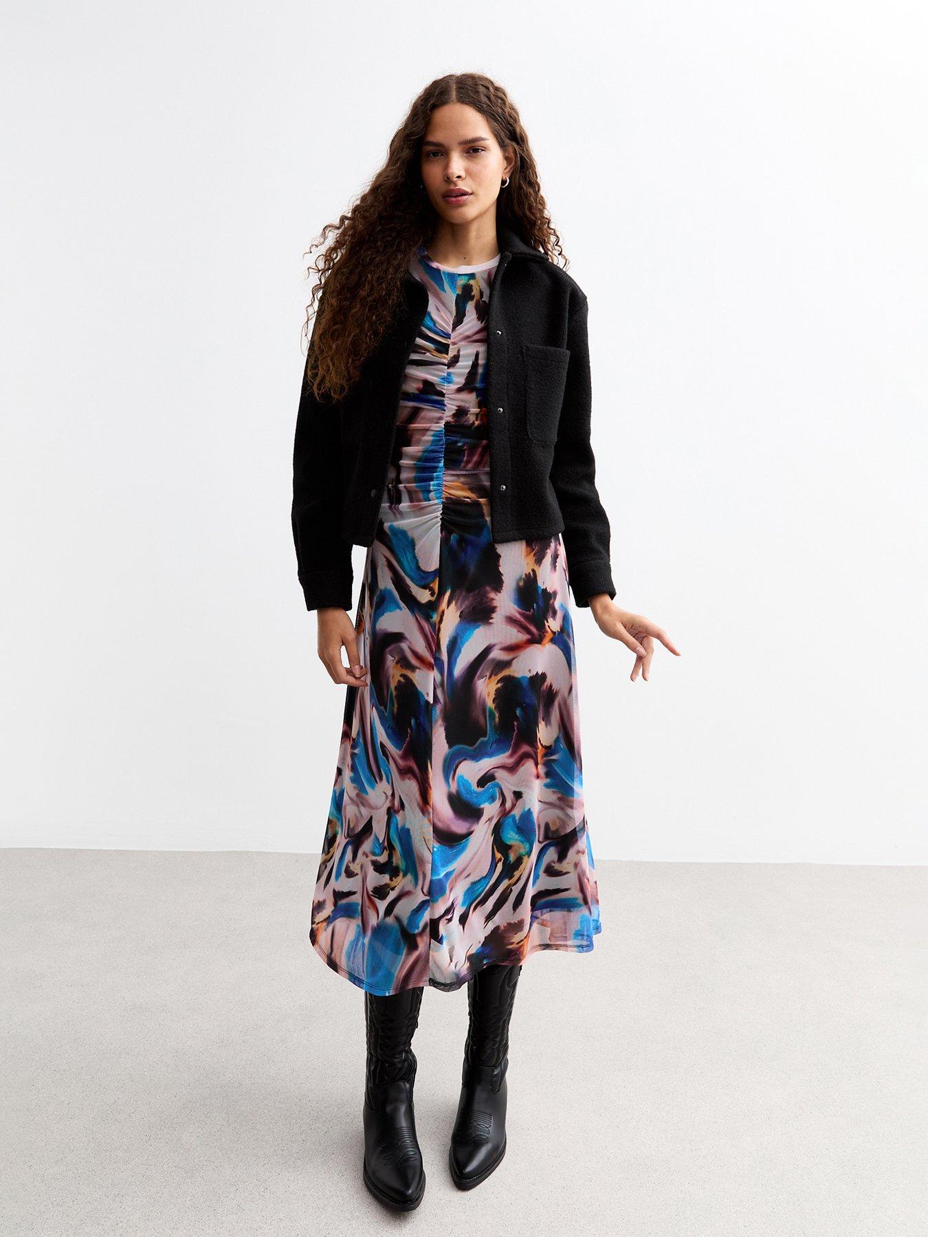 New Look Coloured Ruched Long Sleeve Mesh Midi Dress - Multi | Very
