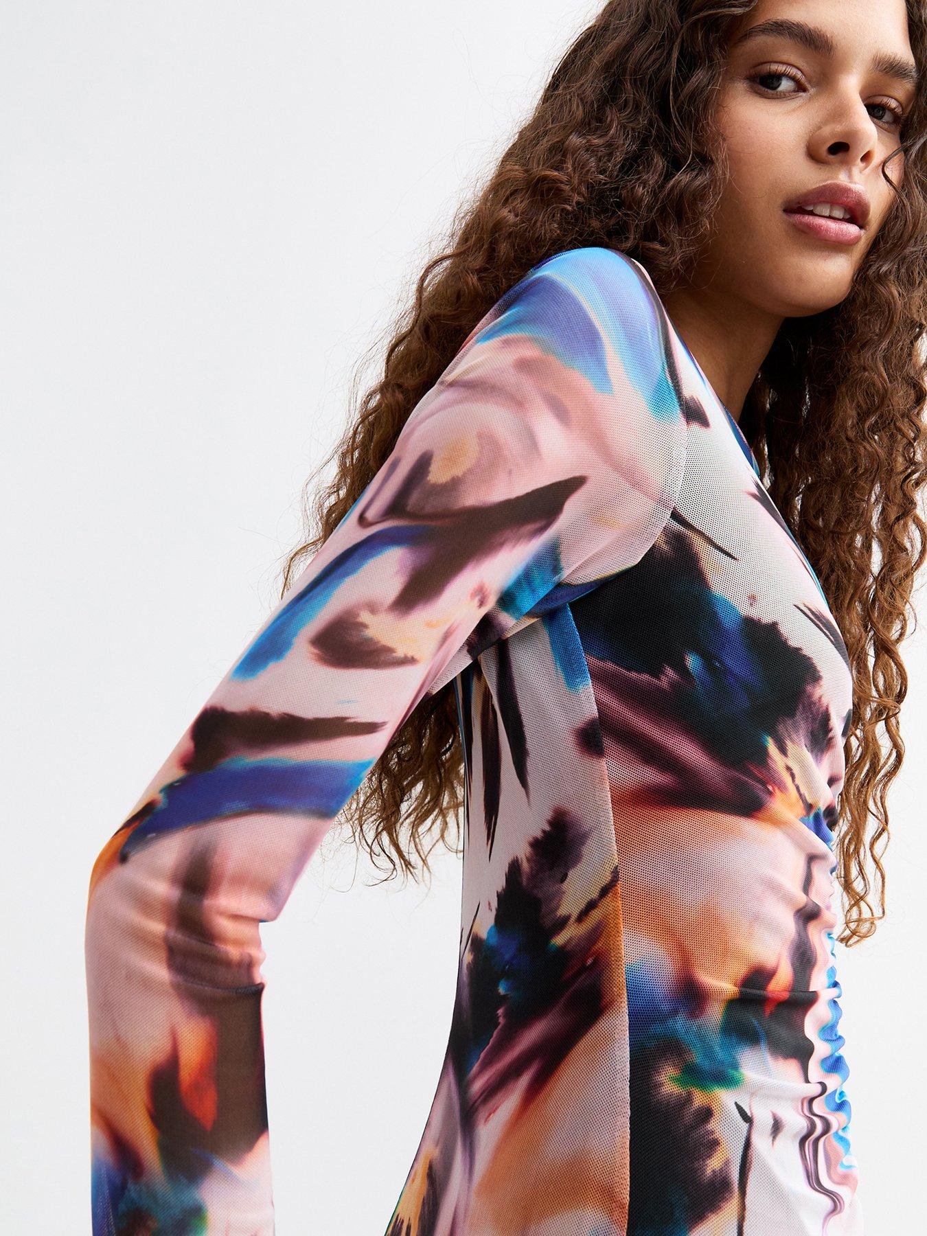 New Look Coloured Ruched Long Sleeve Mesh Midi Dress - Multi | Very
