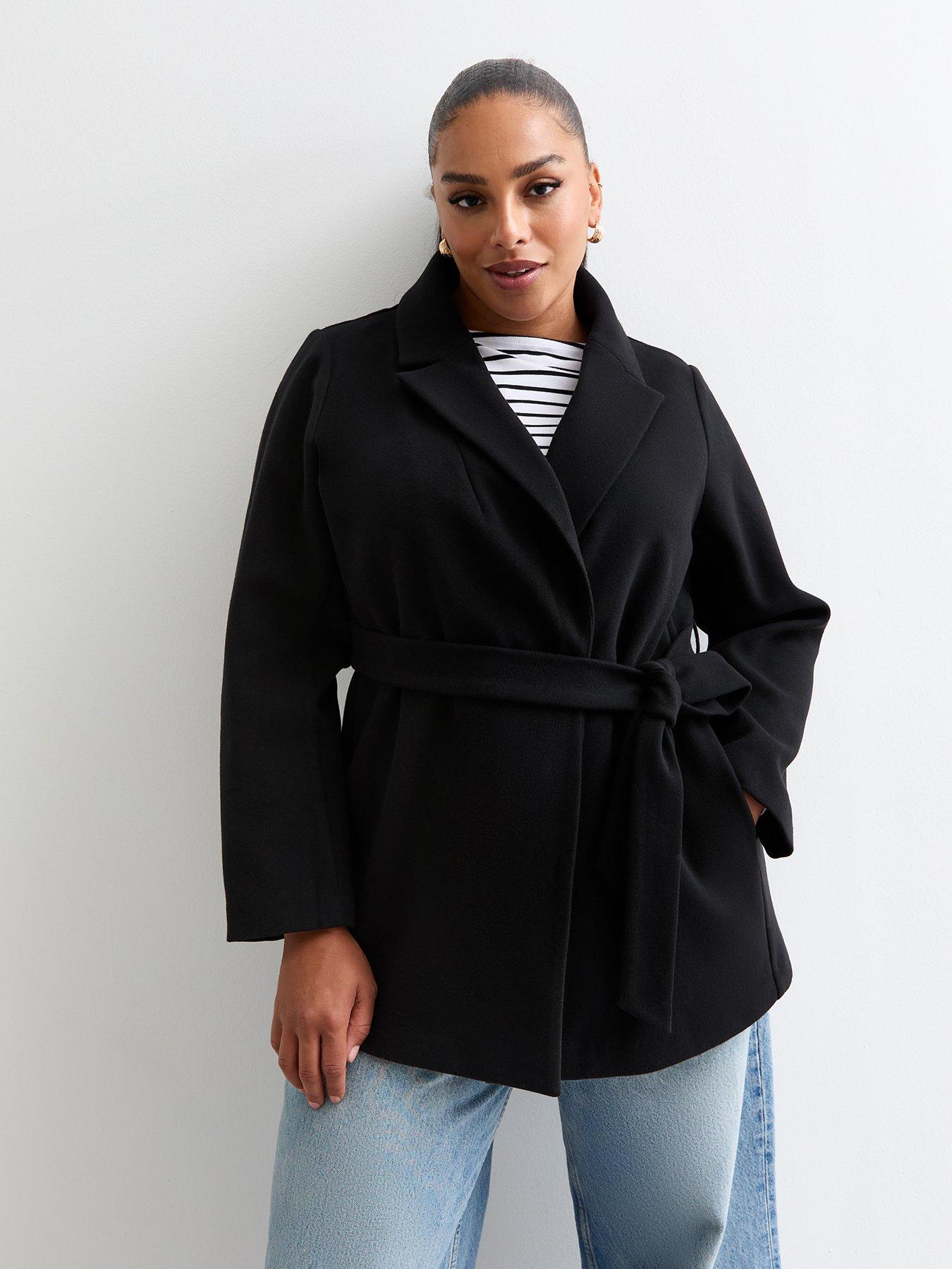 New Look Curves Unlined Short Belted Coat - Black | Very