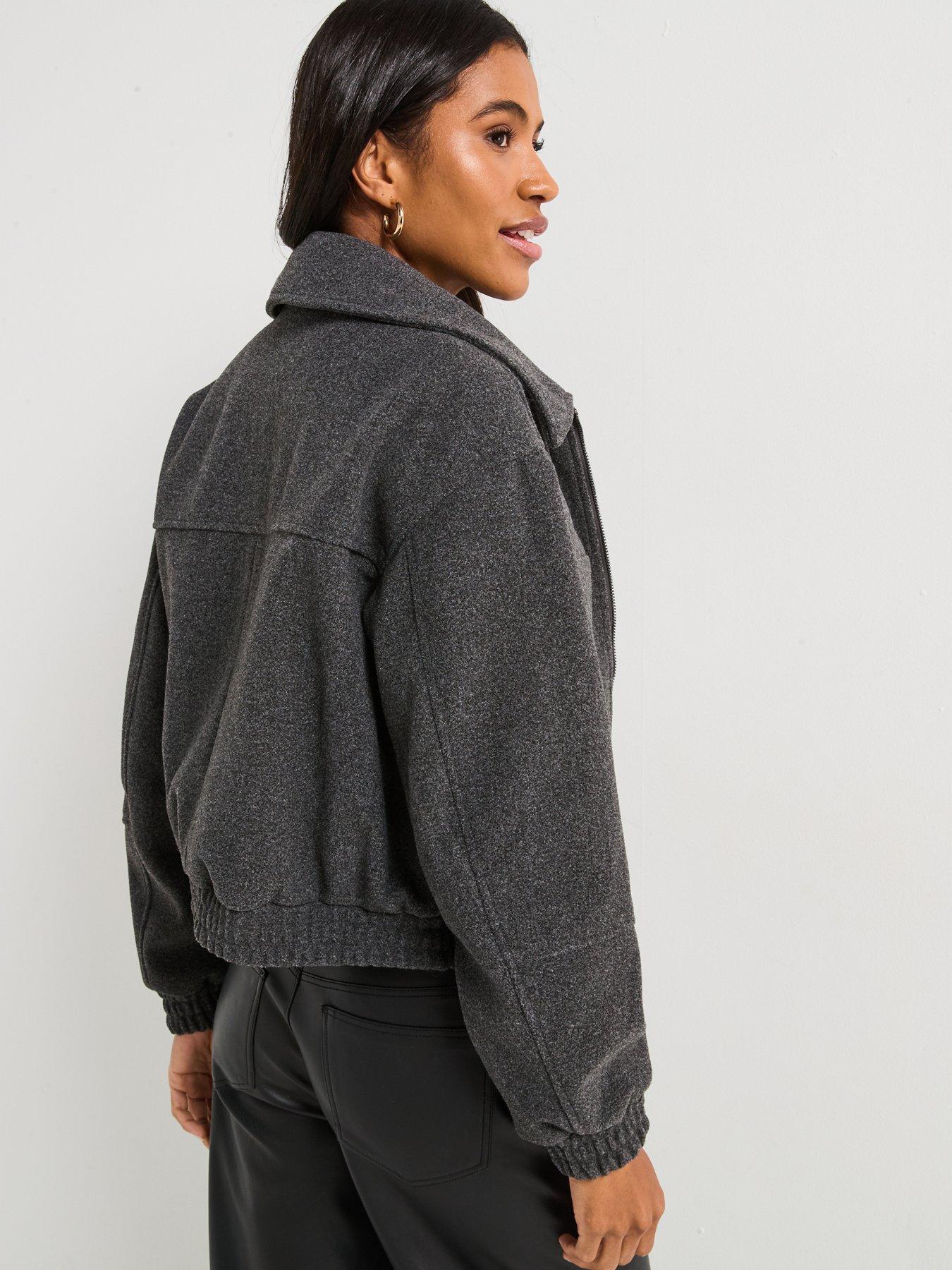 V by Very Faux Wool Zip Through Bomber Jacket - Grey | Very