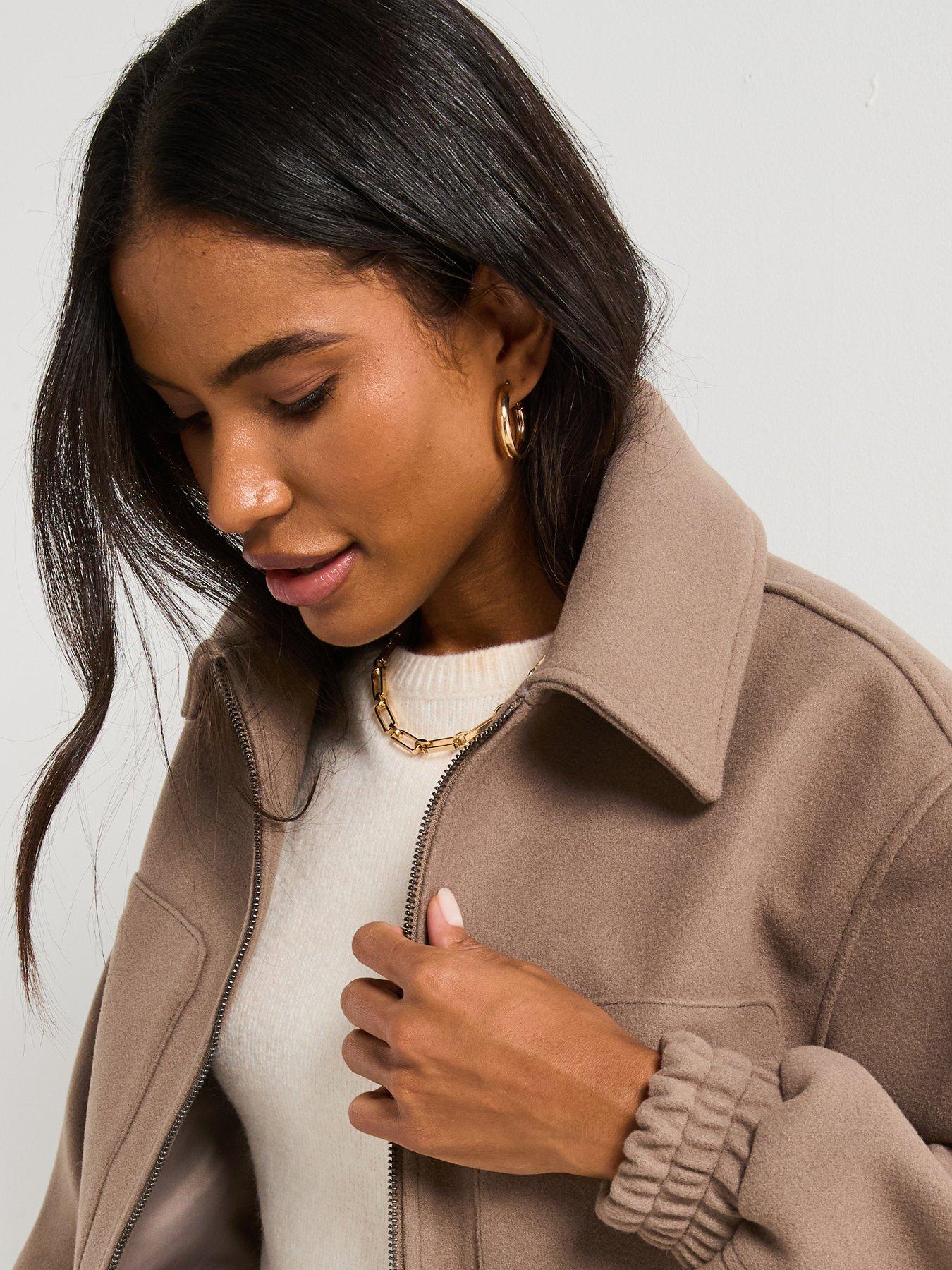 V by Very Faux Wool Zip Through Bomber Jacket - Beige | Very