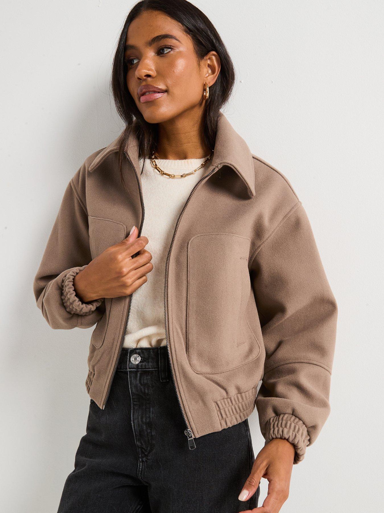 V by Very Faux Wool Zip Through Bomber Jacket - Beige | Very