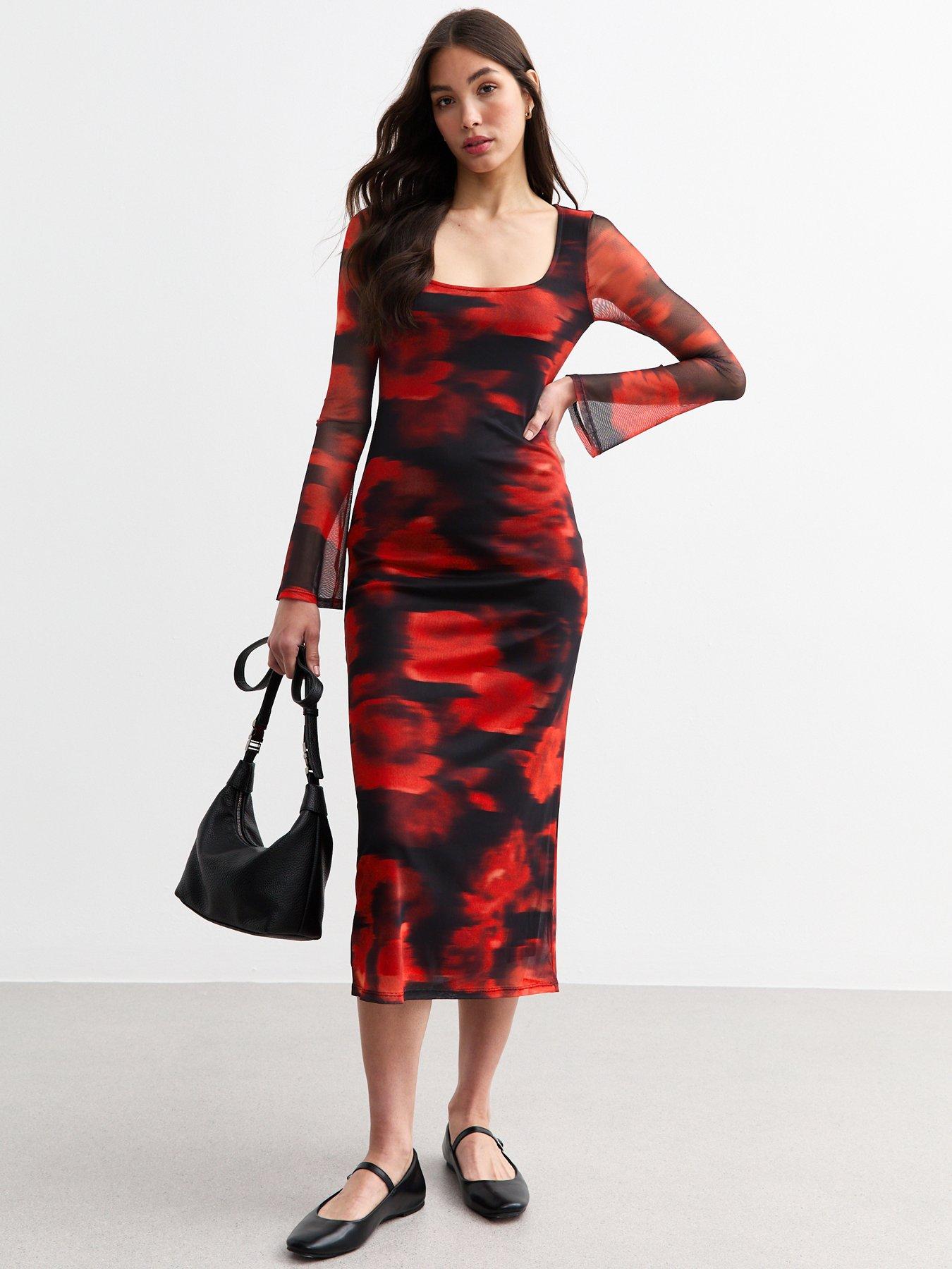 New Look Red Floral Mesh Square Neck Midi Dress - Print | Very