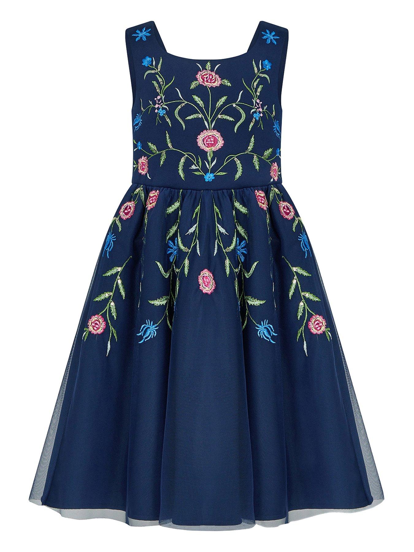 Girls Botanical Embroidered Scuba Dress Navy