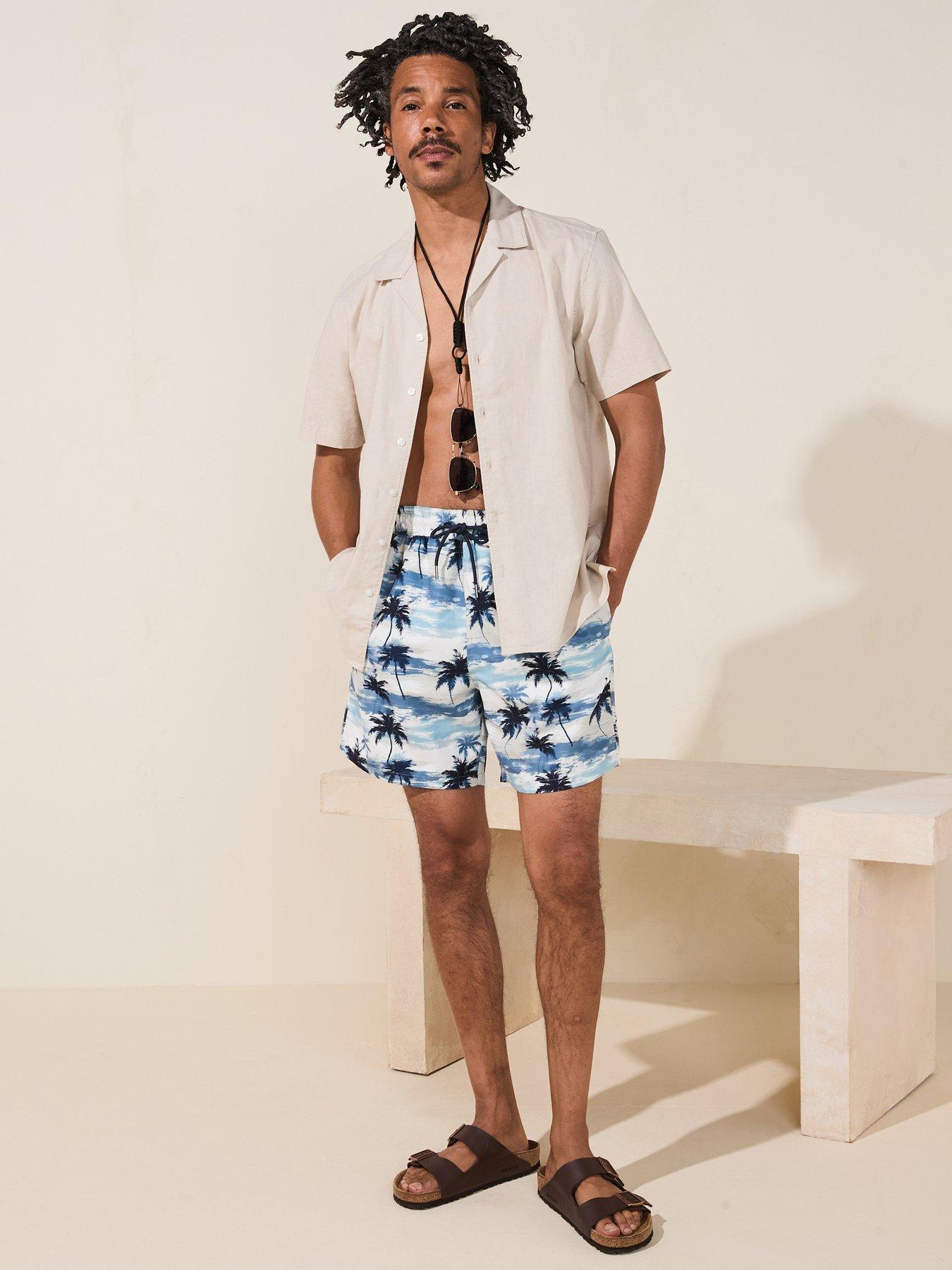 Very Man Palm Border Printed Swim Shorts - Blue | Very